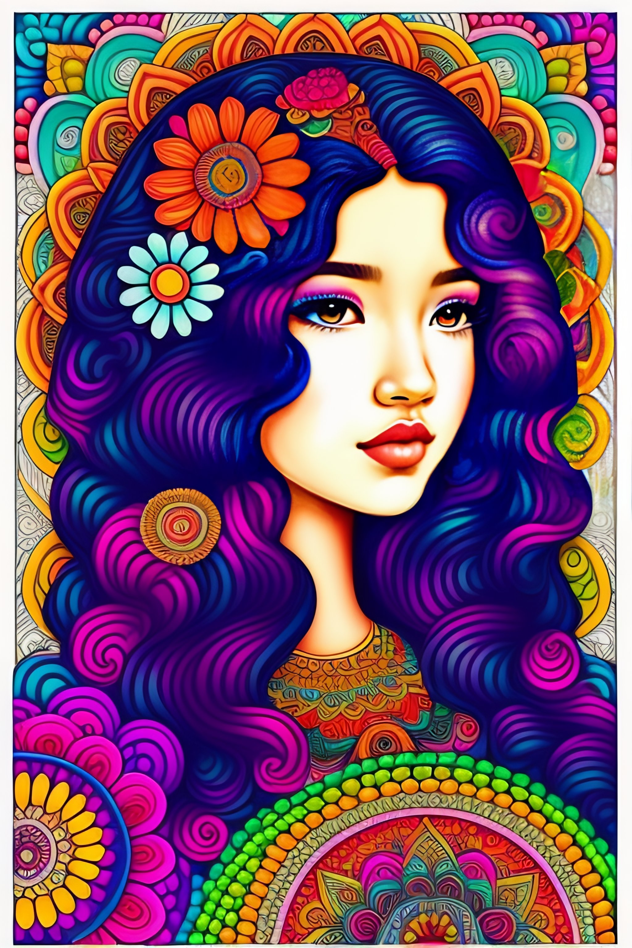Lexica - A coloring book image mandala style of a curly hair girl with ...