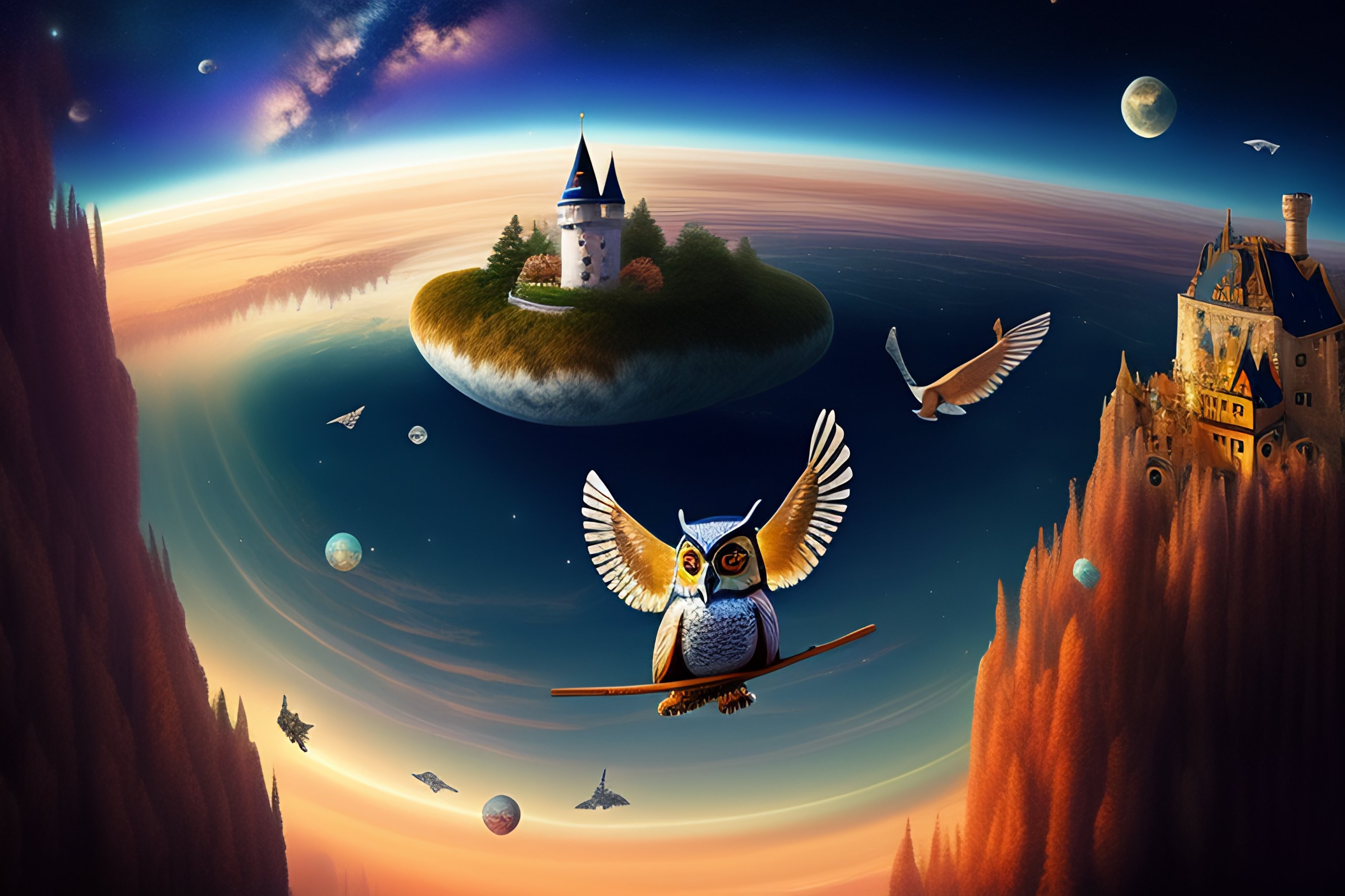 Lexica - Picture with 11 connected owls flying in the space over the ...