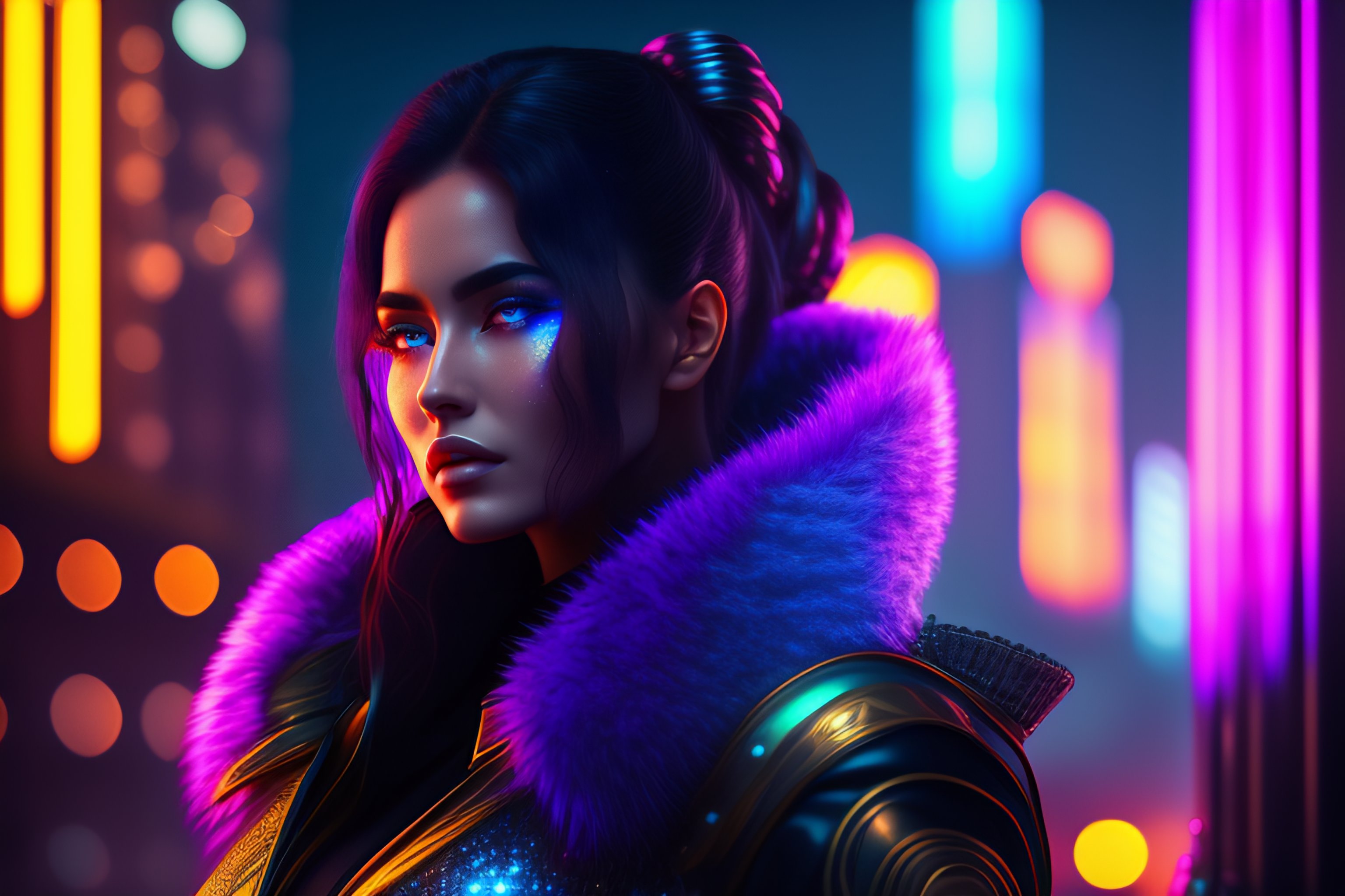 Lexica - Beautiful sci-fi girl from future wearing furry coat pink blue ...