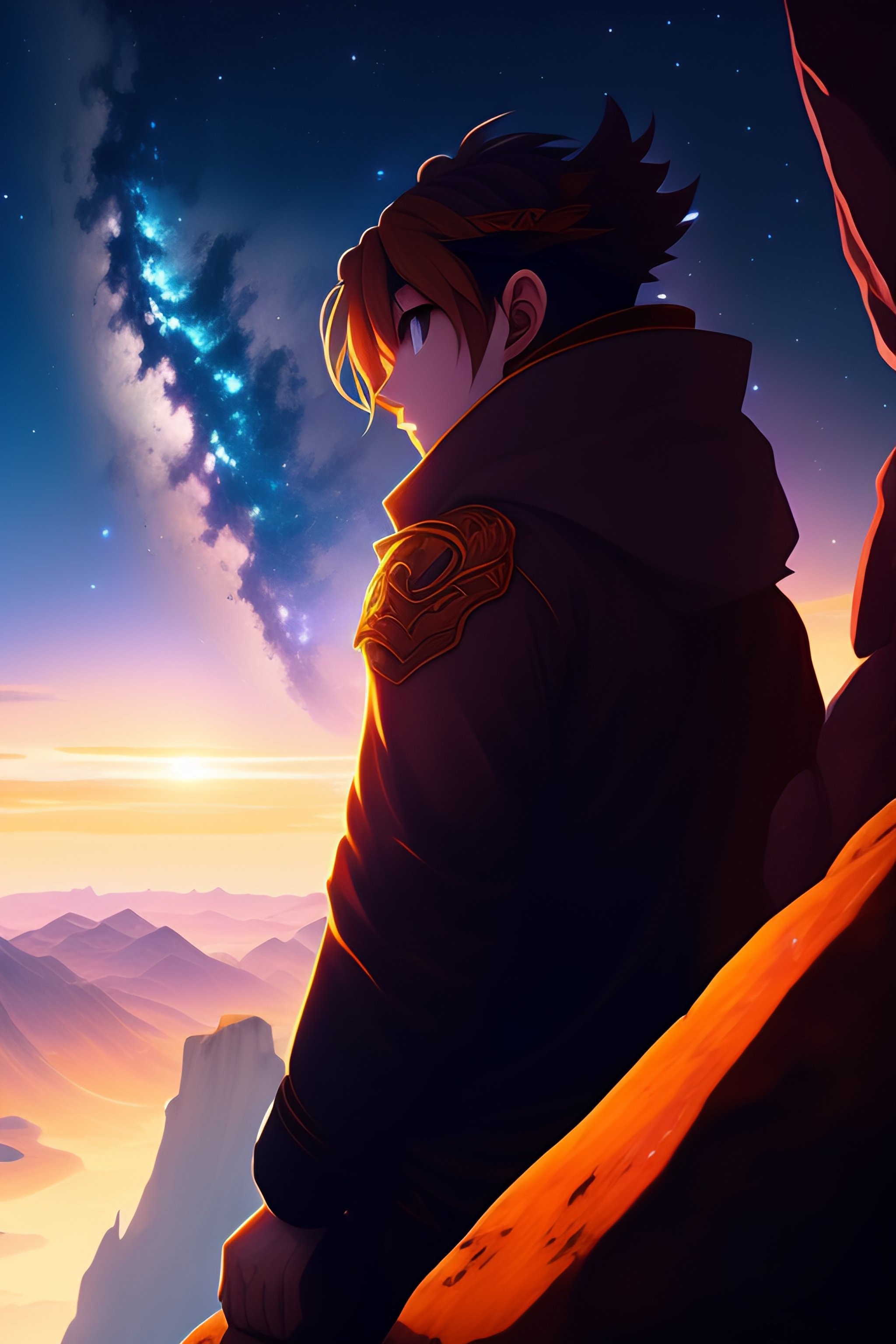 Lexica - Hero on cliff peak staring up at stars, high detail, anime ...
