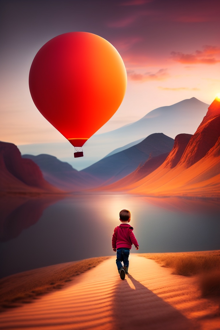 Lexica - A little boy chasing a red balloon, sunset, hill top