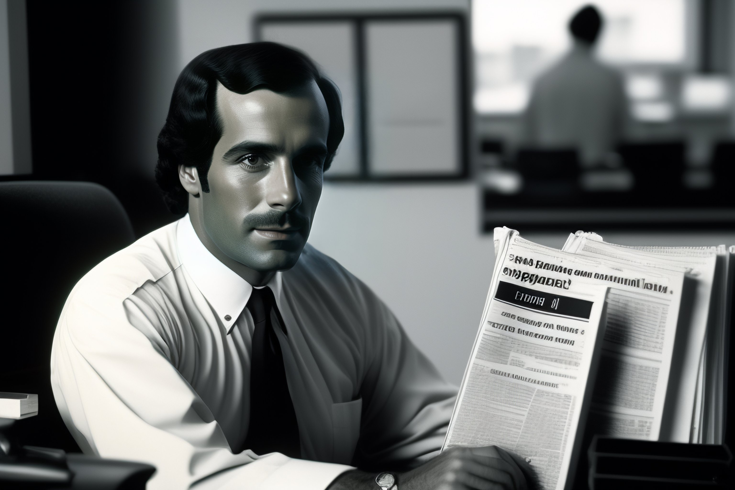 Lexica - An image of an office worker from the 1980s, black-and-white ...