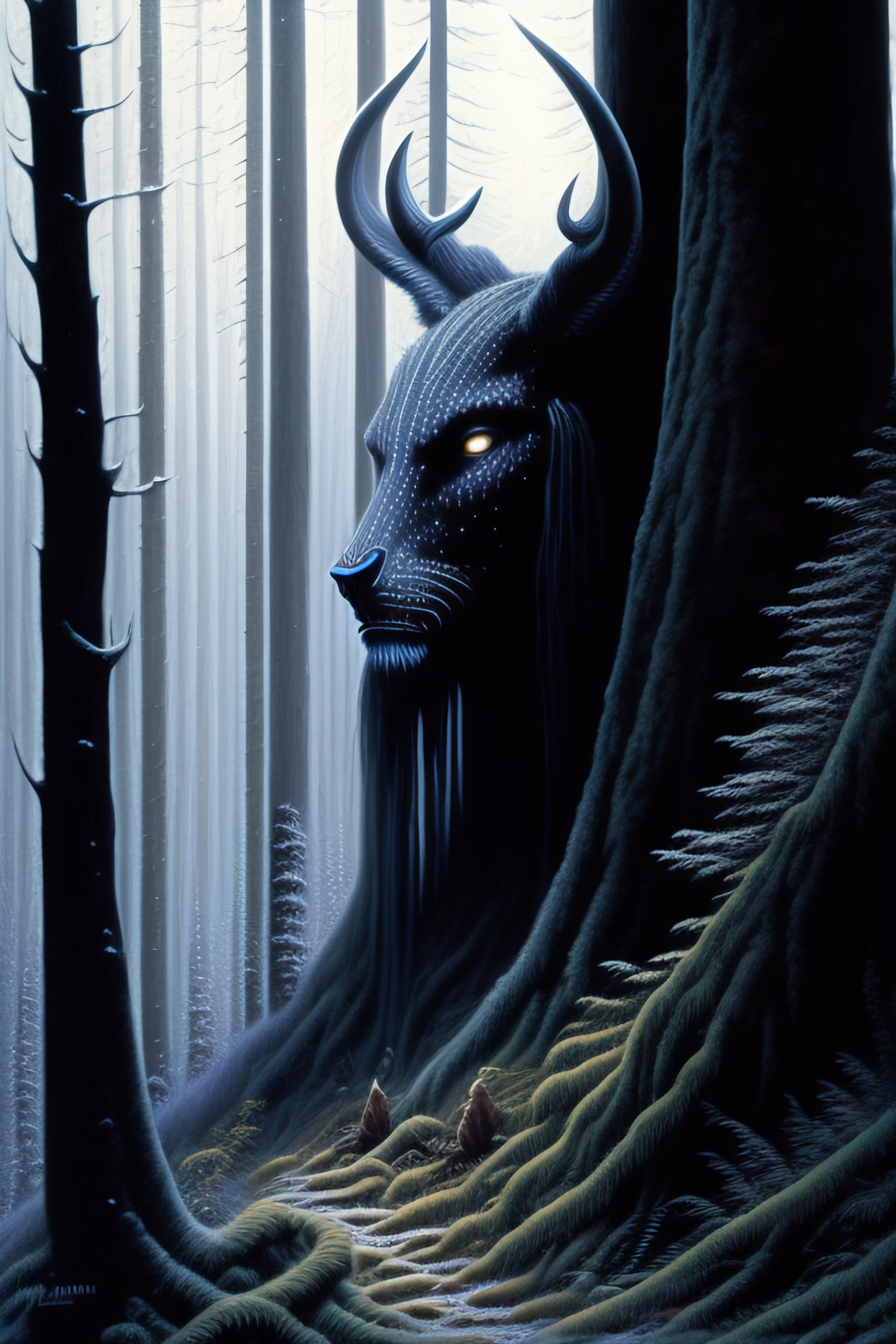 Lexica - Wendigo in the woods, Michael Whelan, pen and ink, black and white