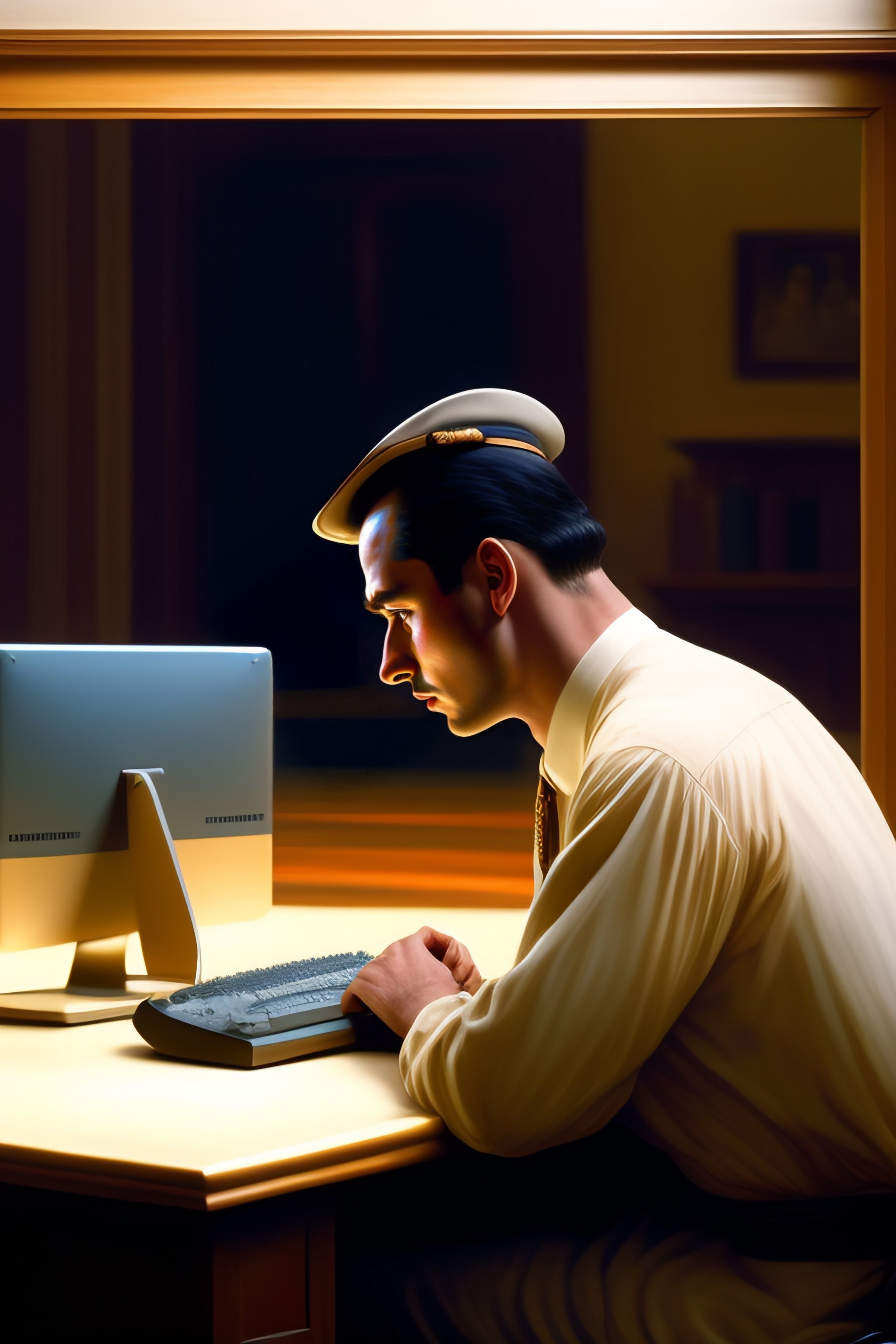 Lexica - Image of a timid man in a sparse room on a computer by Edward ...