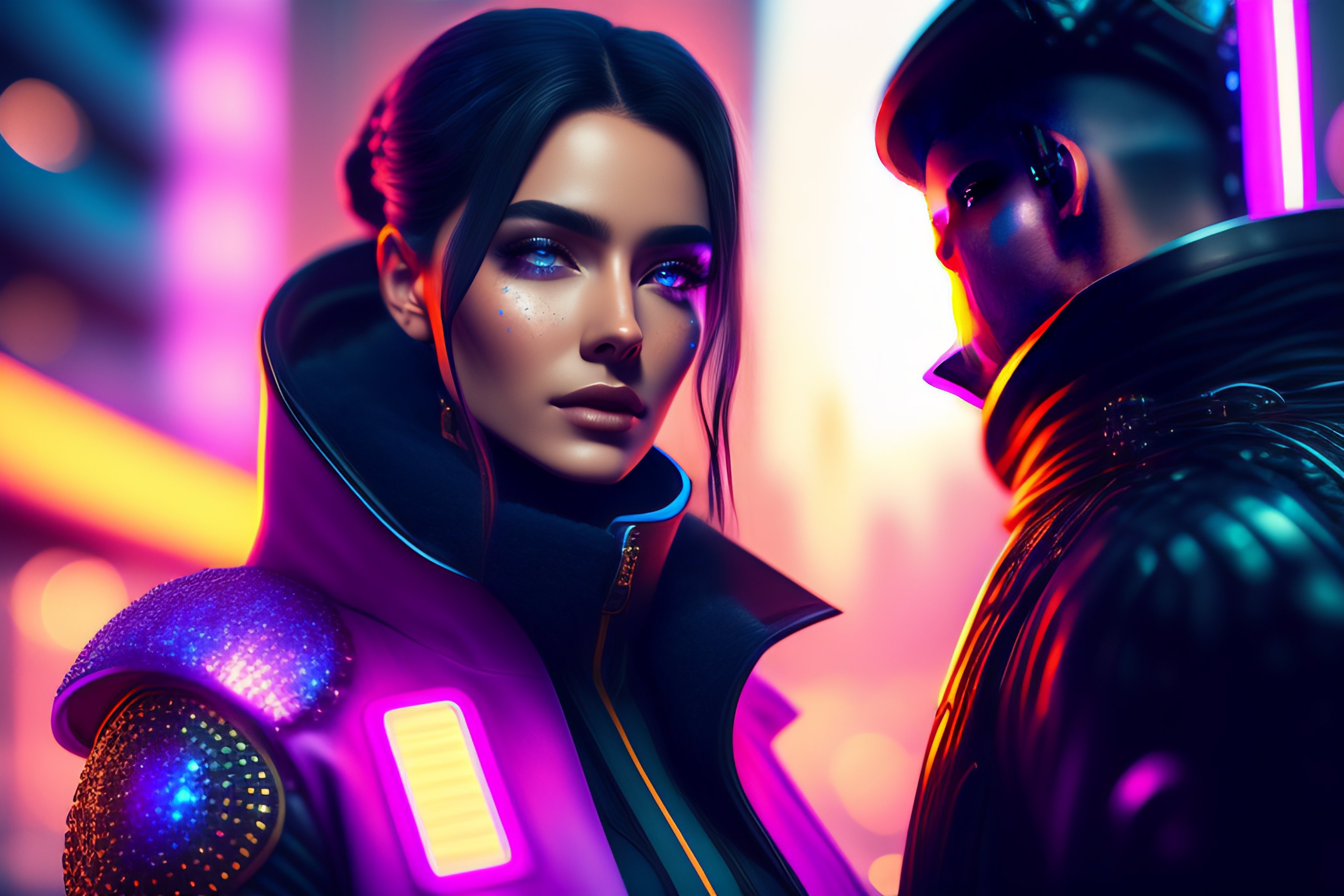 Lexica - Beautiful sci-fi girl from future wearing furry coat pink blue ...