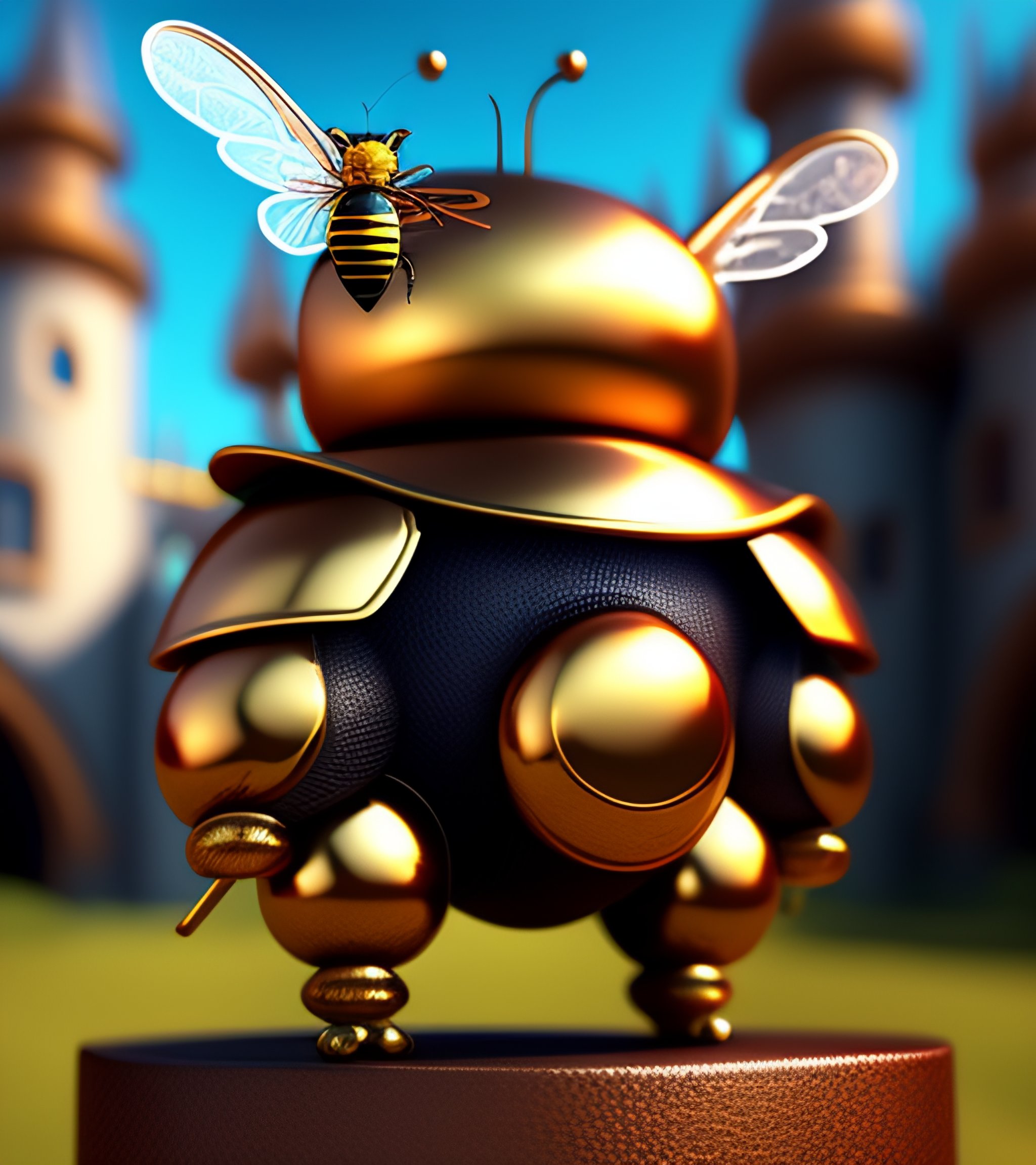 Lexica - Bee with metal armor and a sword in front of a castle with a coffee cap in a cartoon ...