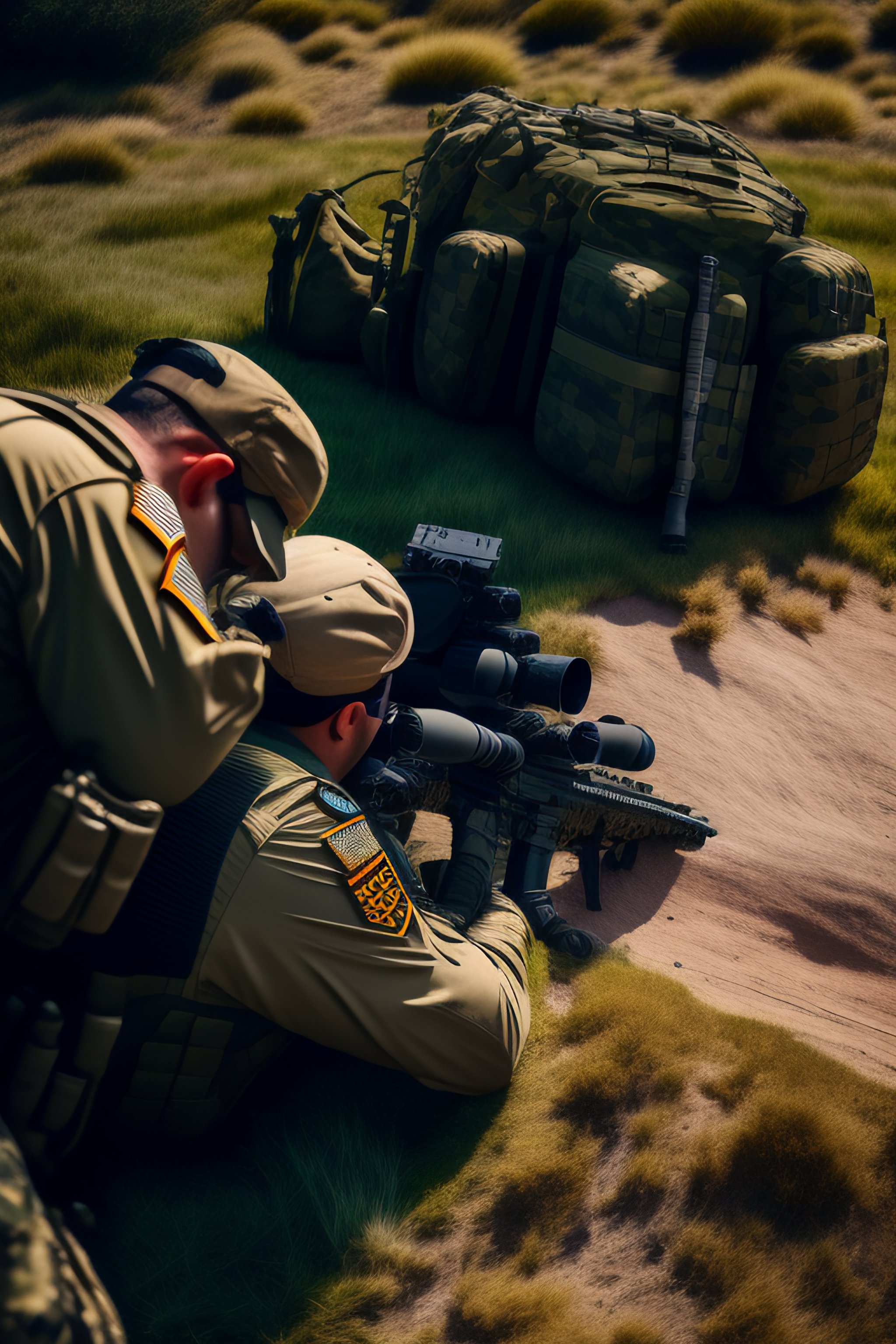 Lexica - Full frame, drone shot, a beautiful female sniper lying flat ...