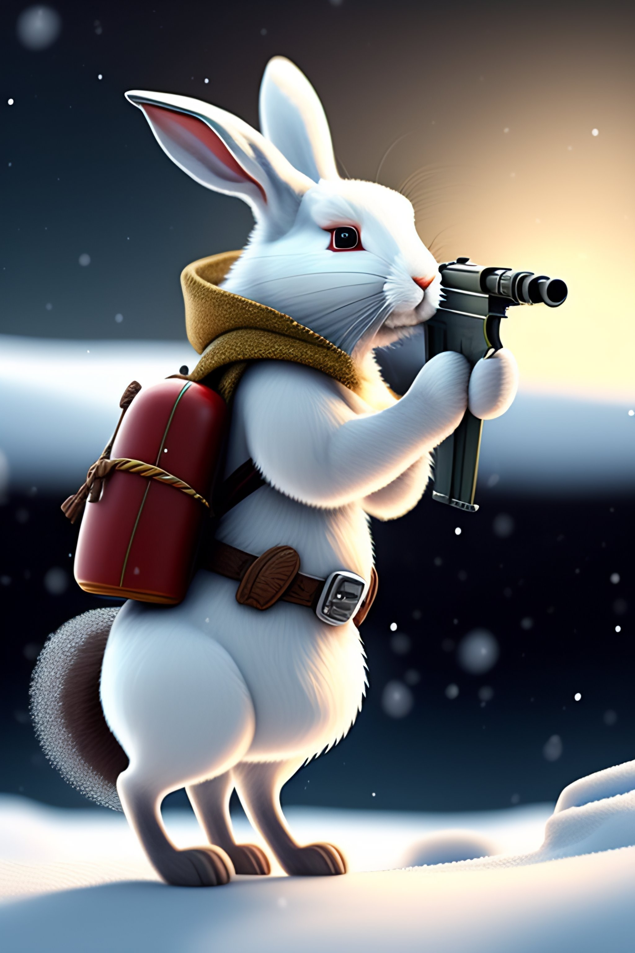 Lexica - A snow-white hare wielding a rocket-launcher from a video game.