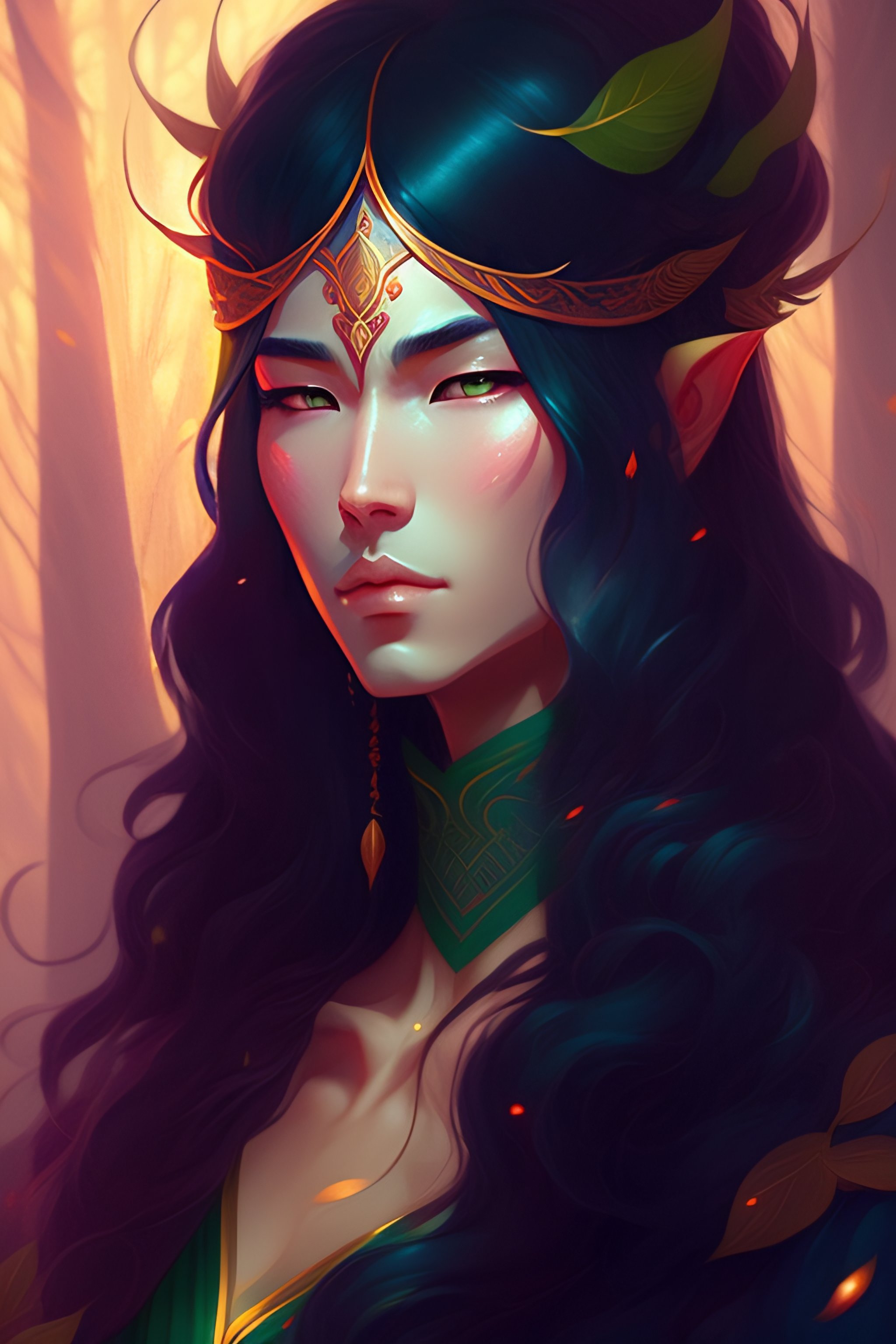 Lexica - Young beautiful male forest spirit, elven, long black hair ...