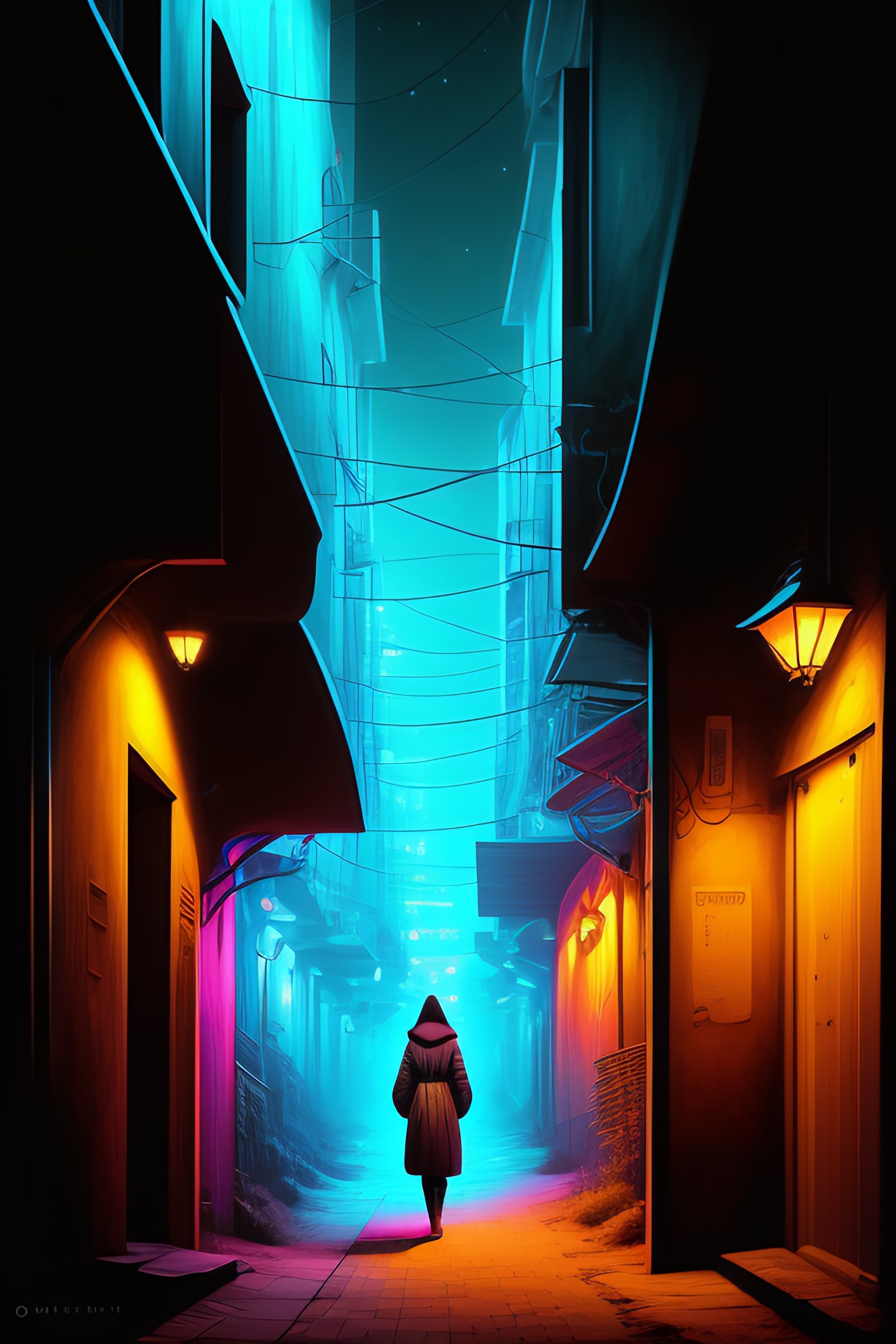 Lexica - Environmental wide shot of a sketchy alleyway at night; a ...