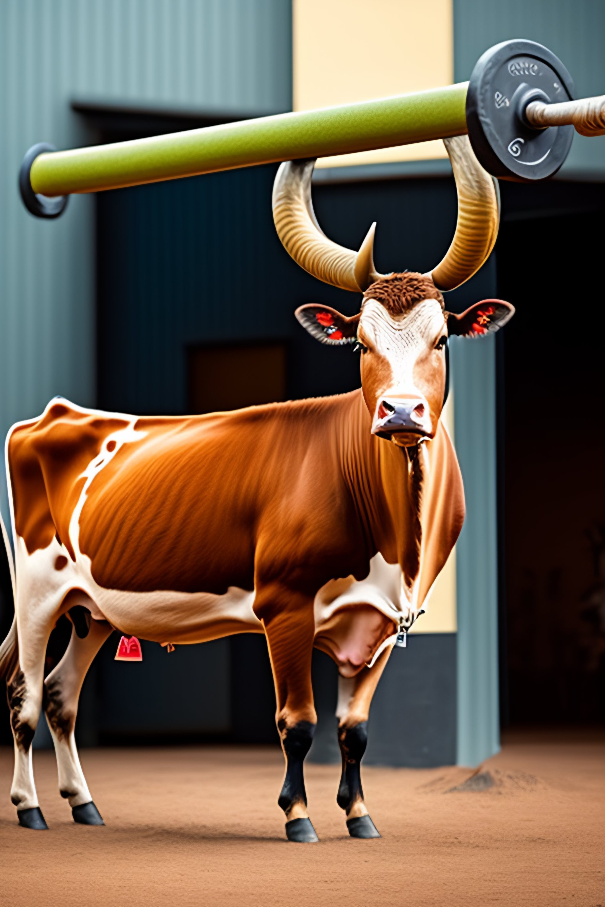 Lexica - I need a picture of a cow lifting weights, where its friends ...