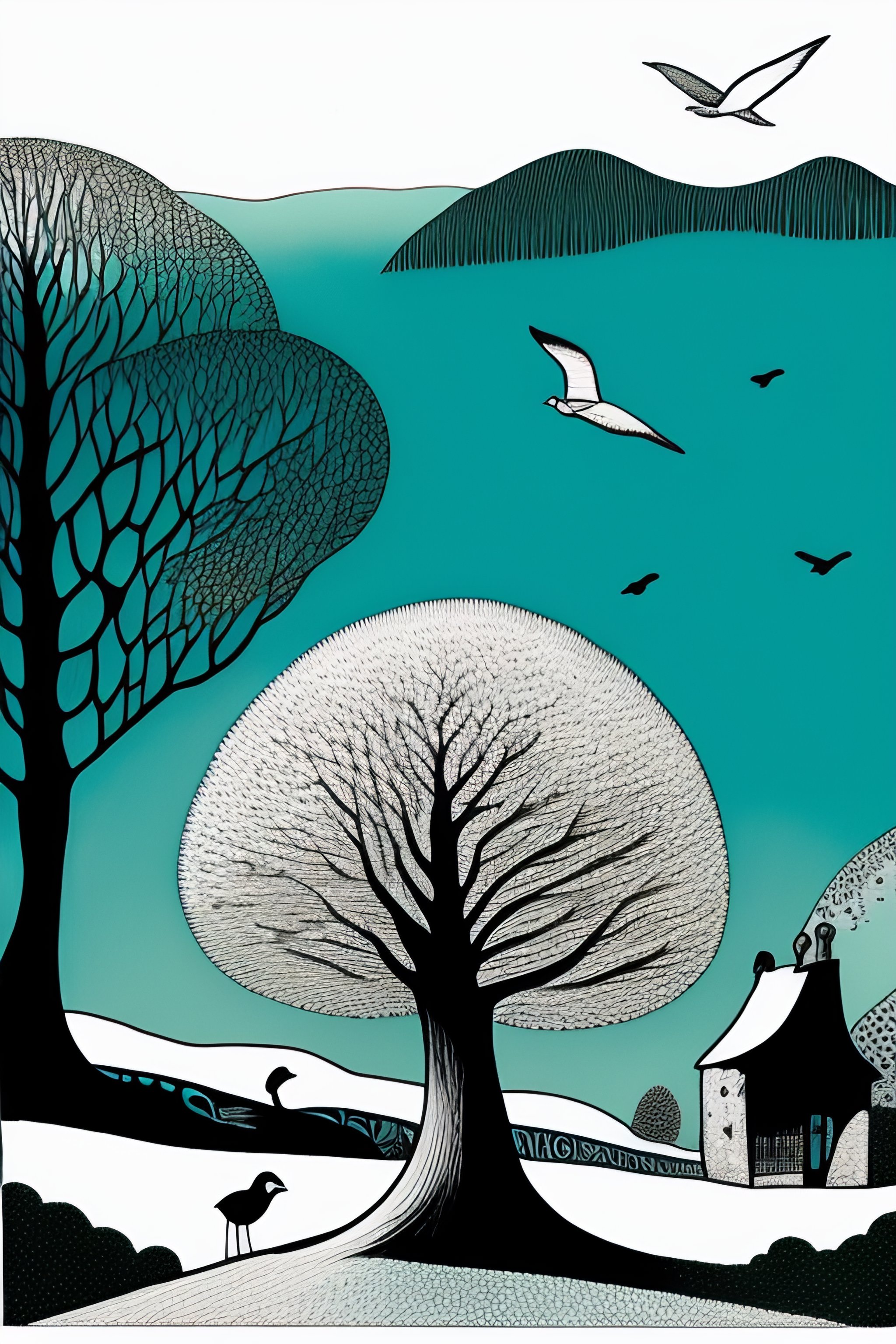 Lexica - A alone tree. pen and ink, birds eye view, illustrated by ...