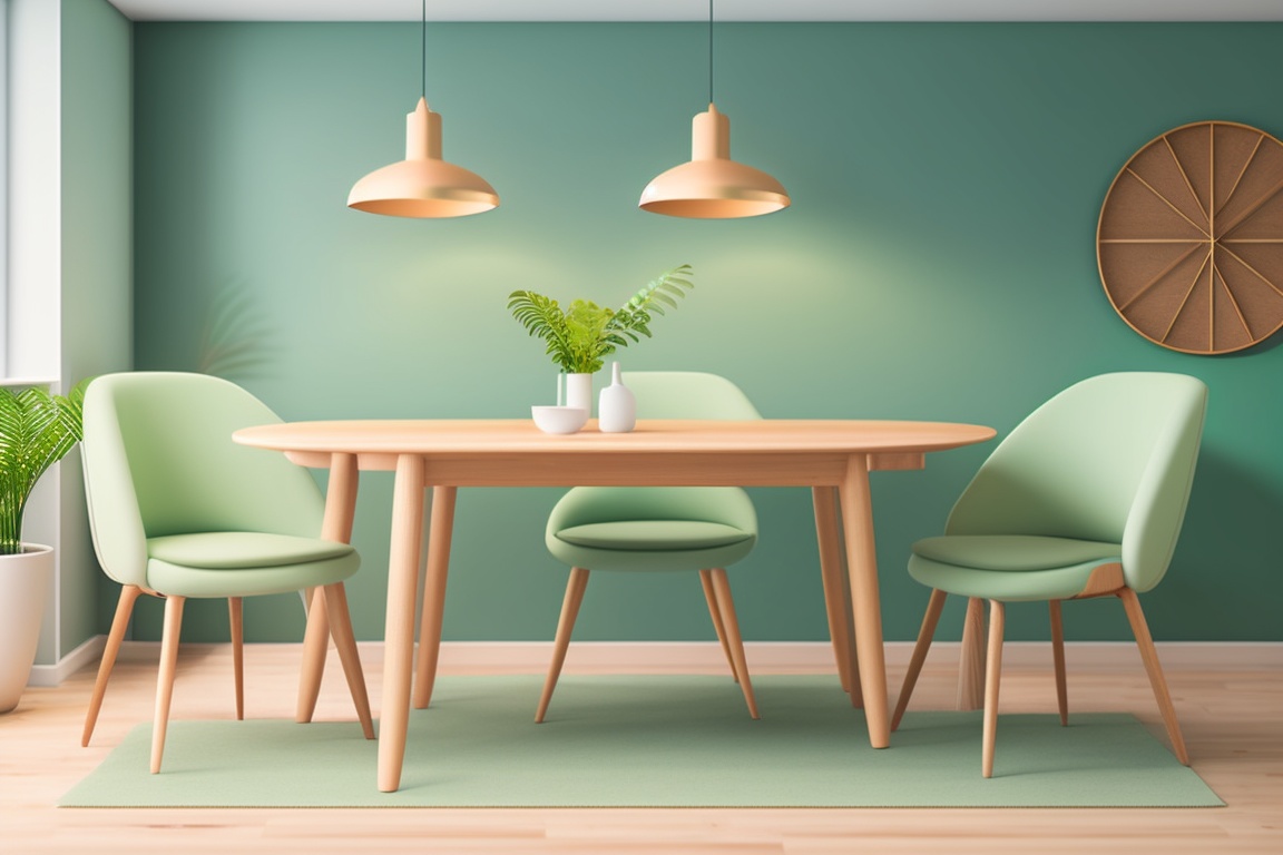 Lexica - Mint color chairs at round wooden dining table in room with ...