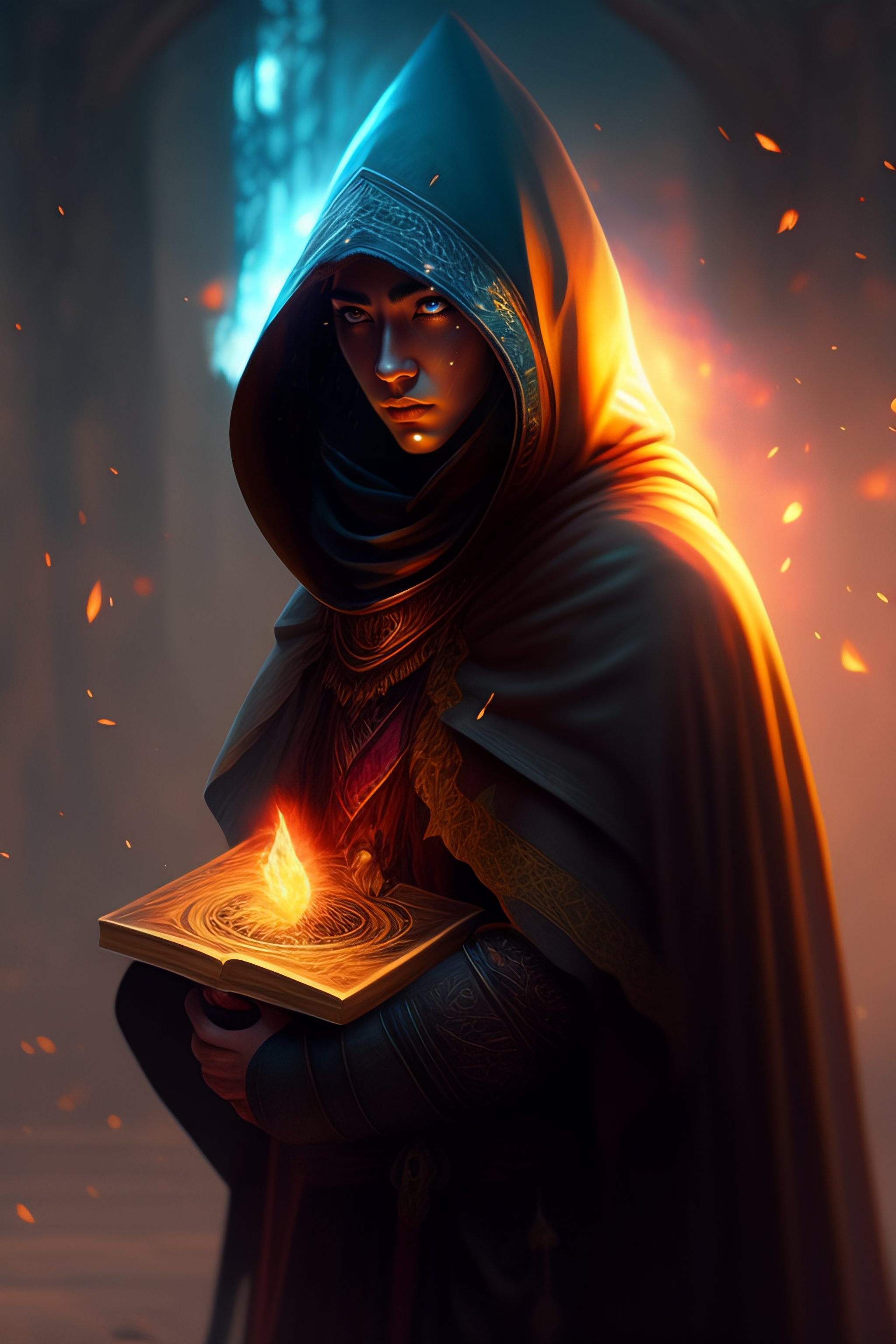 Lexica - Front portrait of a hooded mage holding a tattered magical ...