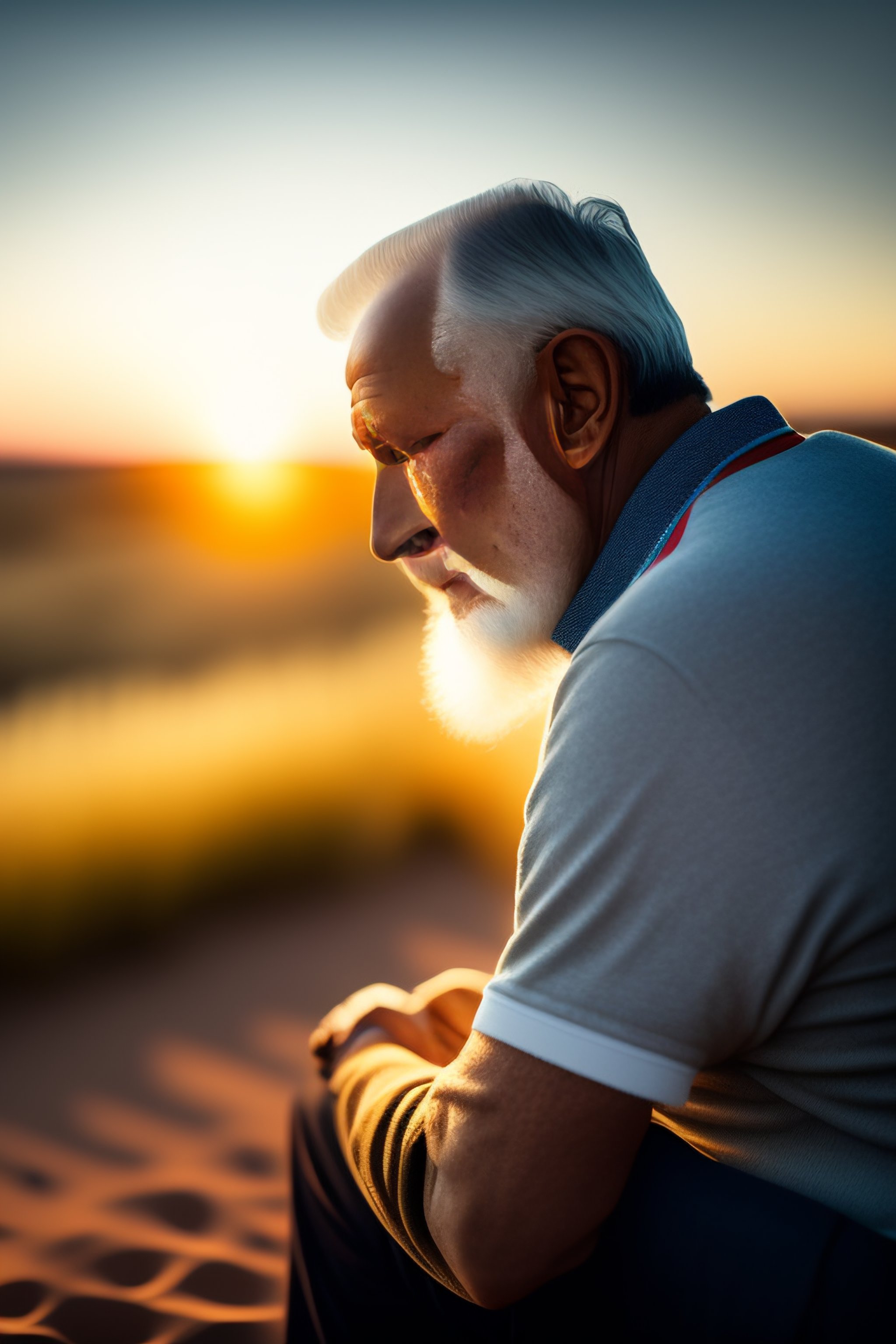 Lexica - Old man sitting ipad shot from top behind golden light