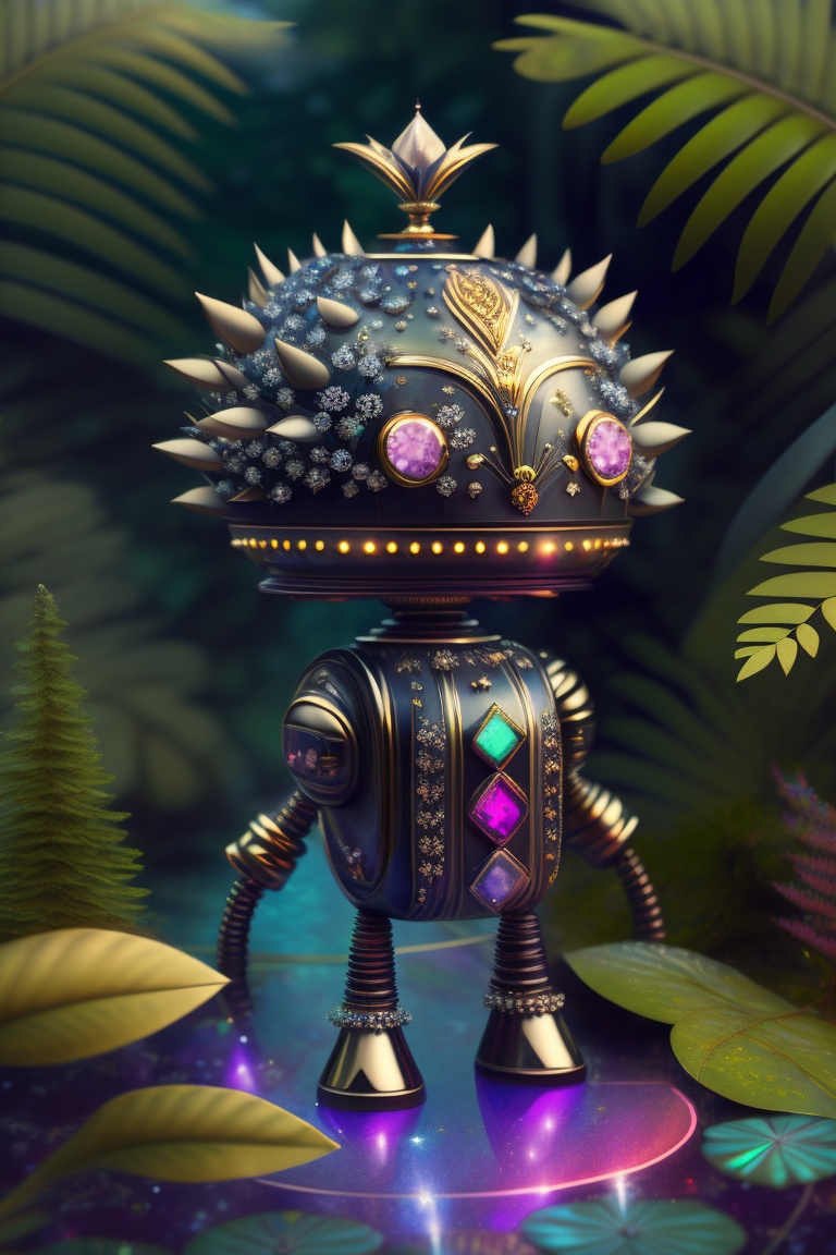 Lexica - Magic trippy silver 1950;s spiked robot with attitude, jewel encrusted, spiked flowers ...