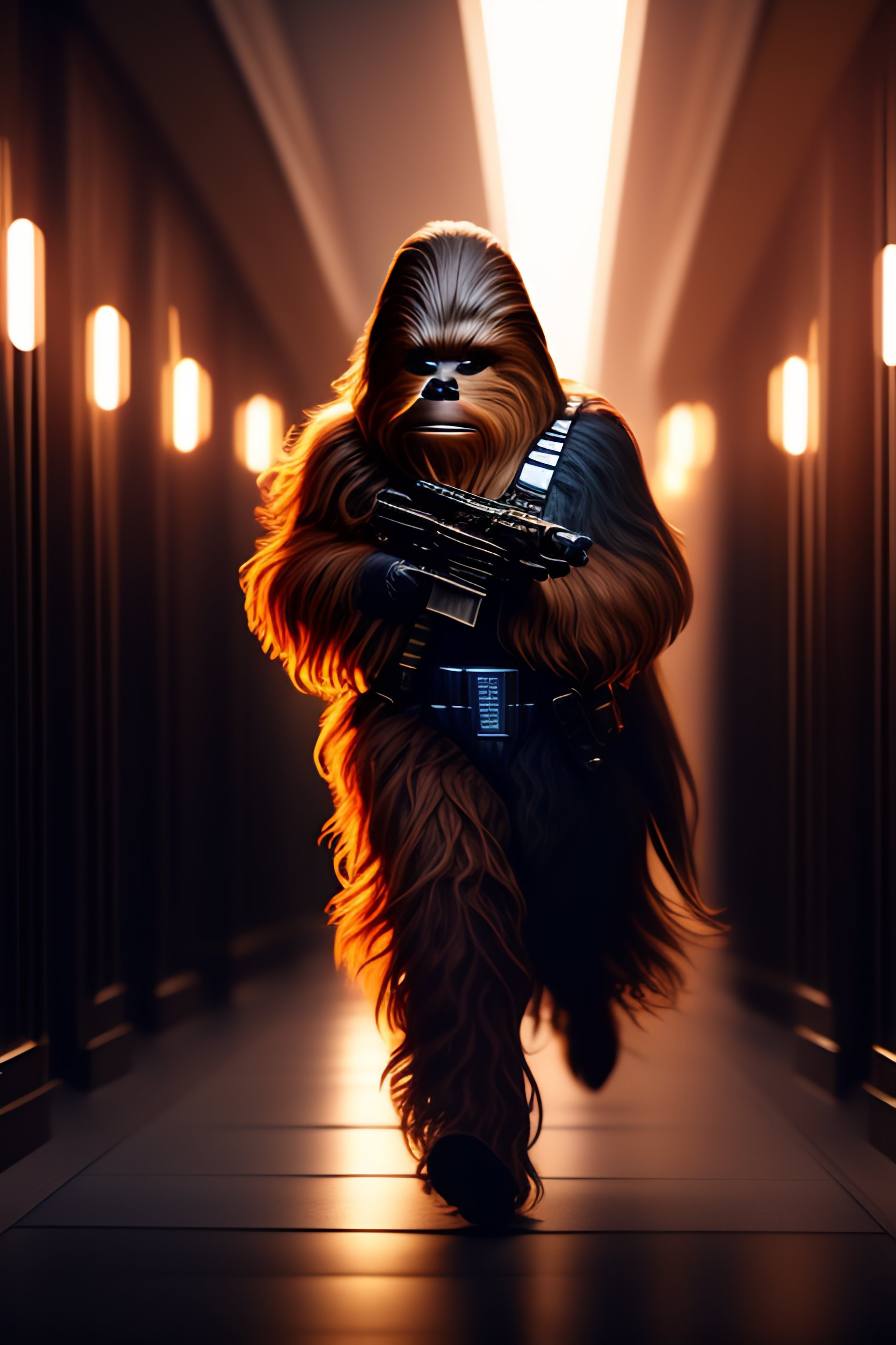 Lexica - Chewbacca running down a long hallway, Star wars, by artgerm ...