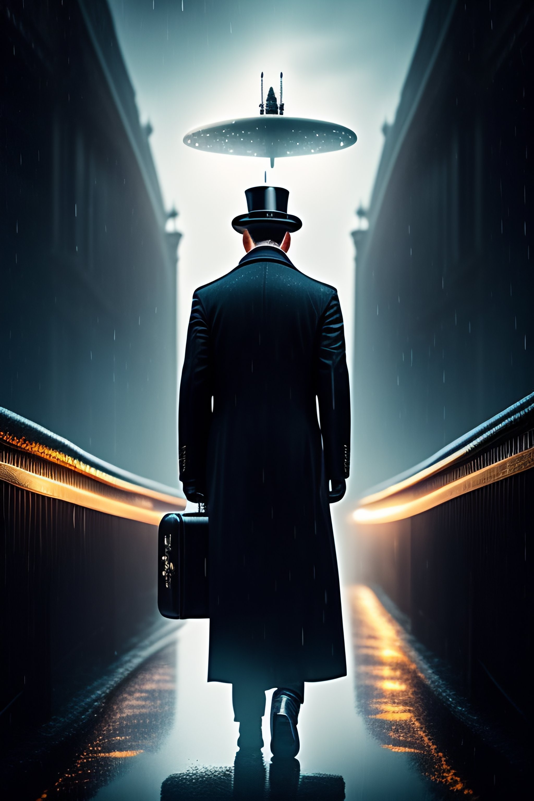 Lexica - A rainy dark nightscene of a man wearing a bowler hat and ...