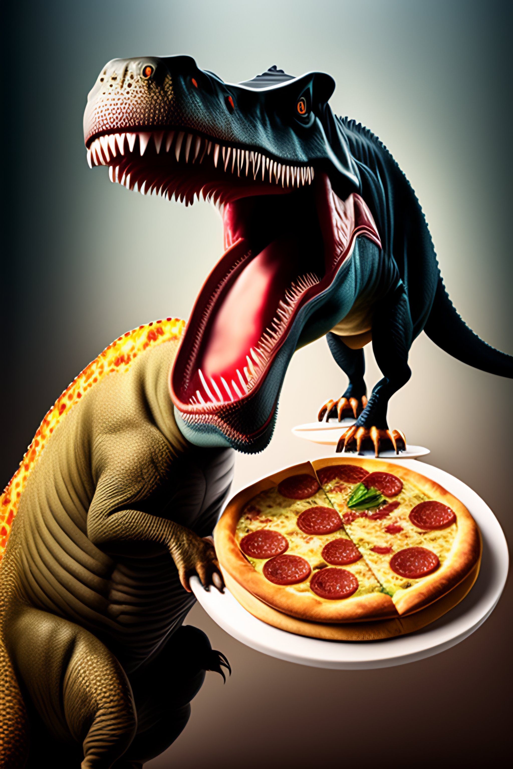 Lexica - Realistic t-rex with a pizza in its mouth