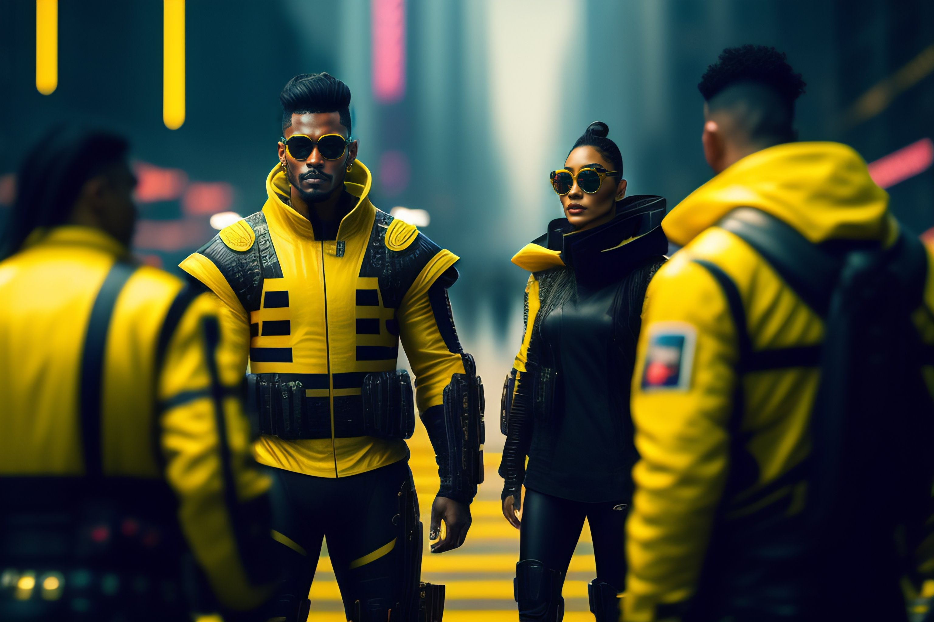 Lexica - Cyberpunk CIty with people wearing Black and Yellow Outfits