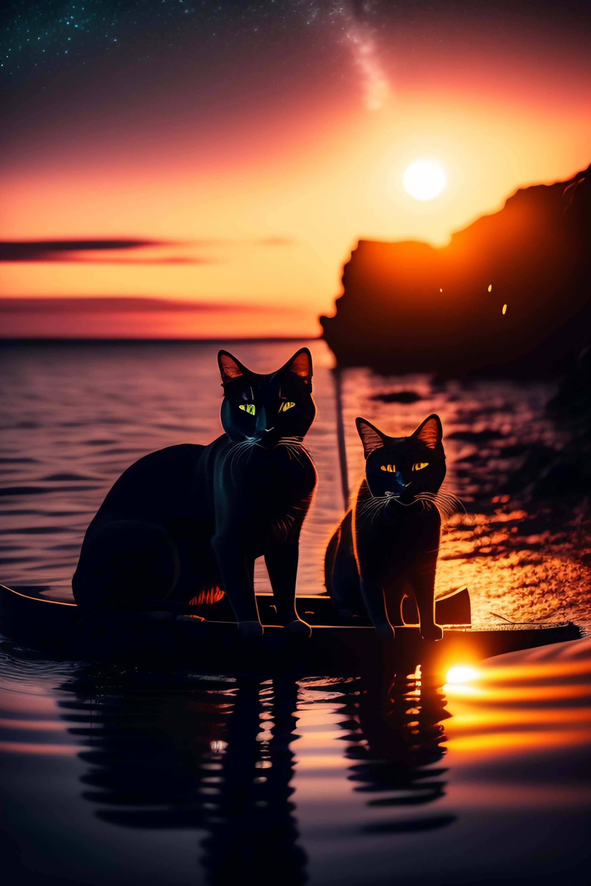 Lexica - A bunch of black cats hanging on a wooden raft in the middle ...