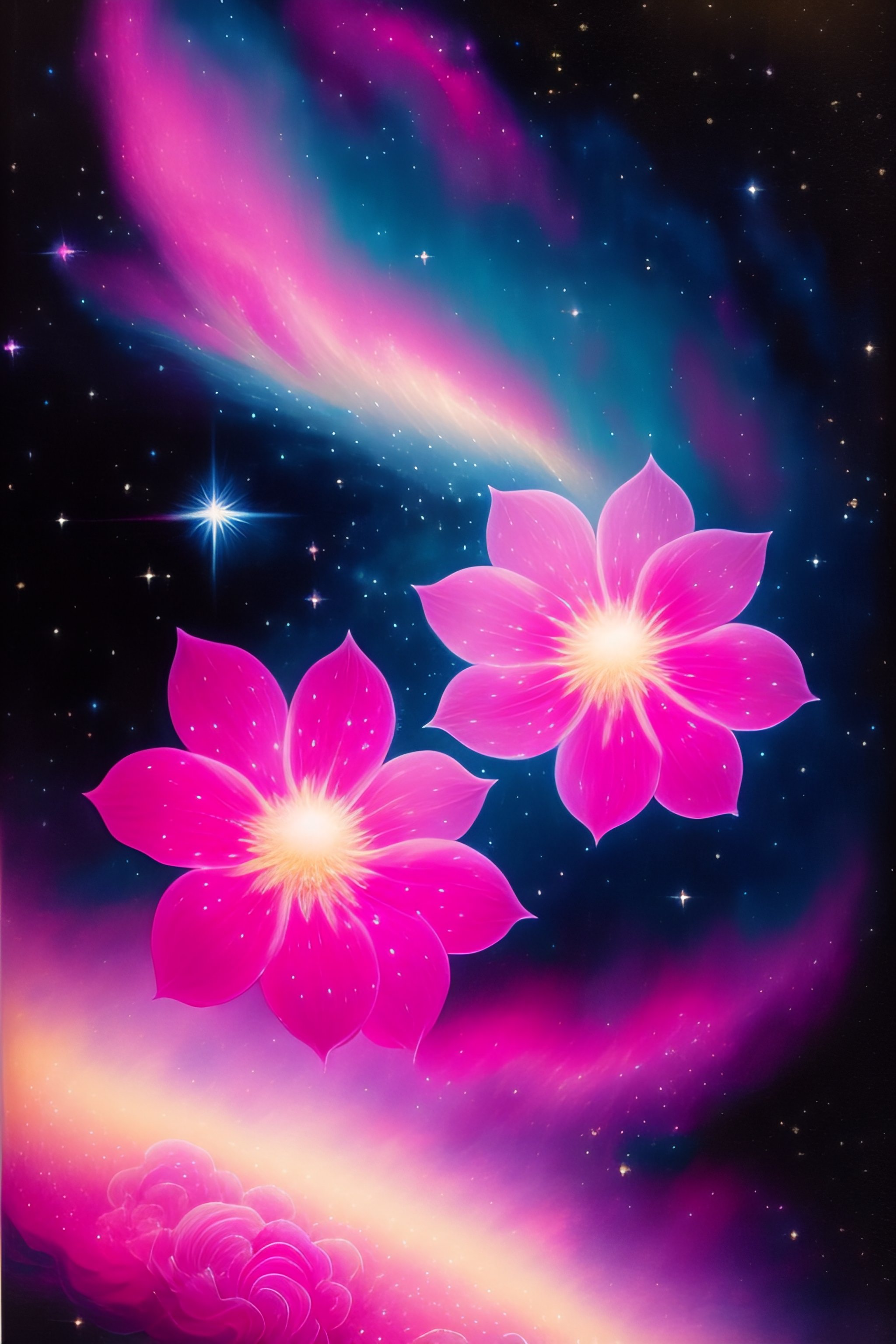 Lexica - Painting of a galactic nebula glowing flower blossoms and pink ...