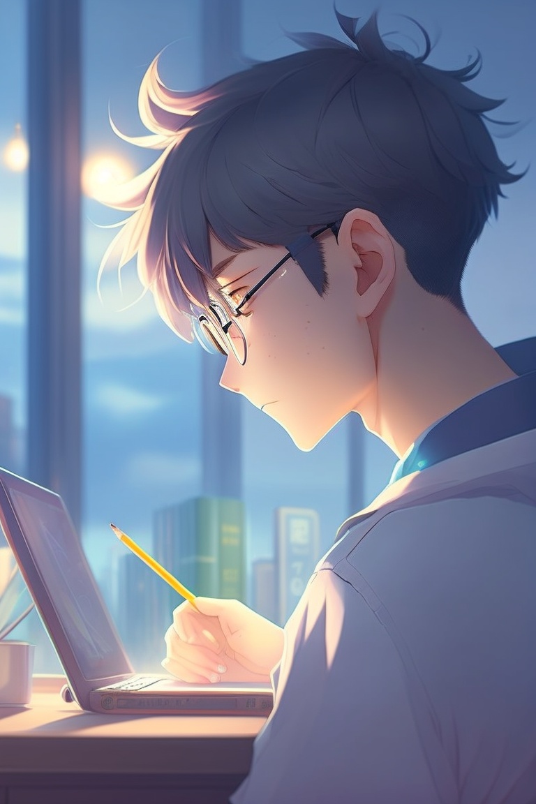 Lexica - A nerdy anime boy is problem solving alone thinking about ...