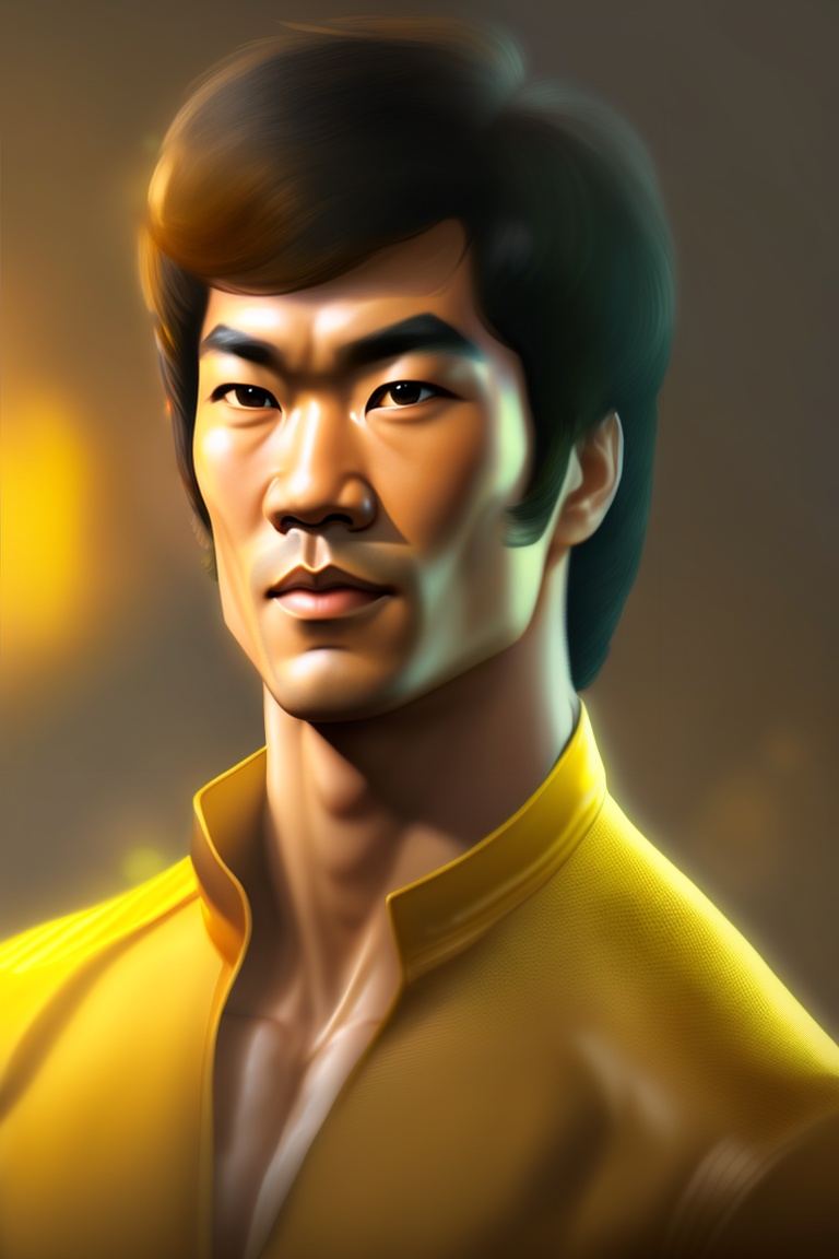 Lexica - Bruce Lee, 4K, Realistic, Look at camera, yellow shirt