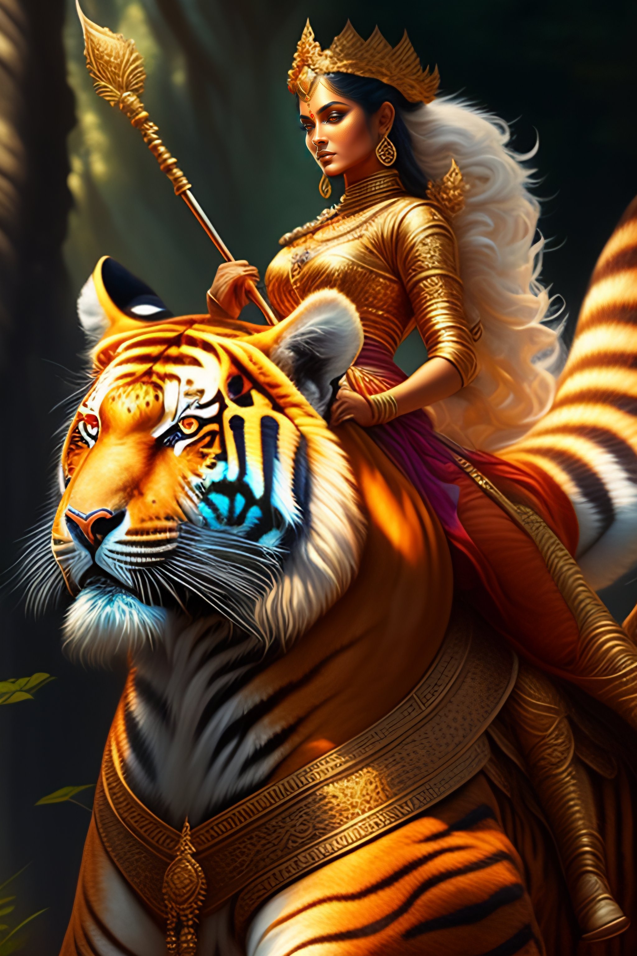 Lexica - Image of goddess durga riding tiger, d & d, beautiful, renaissance, fantasy, intricate ...