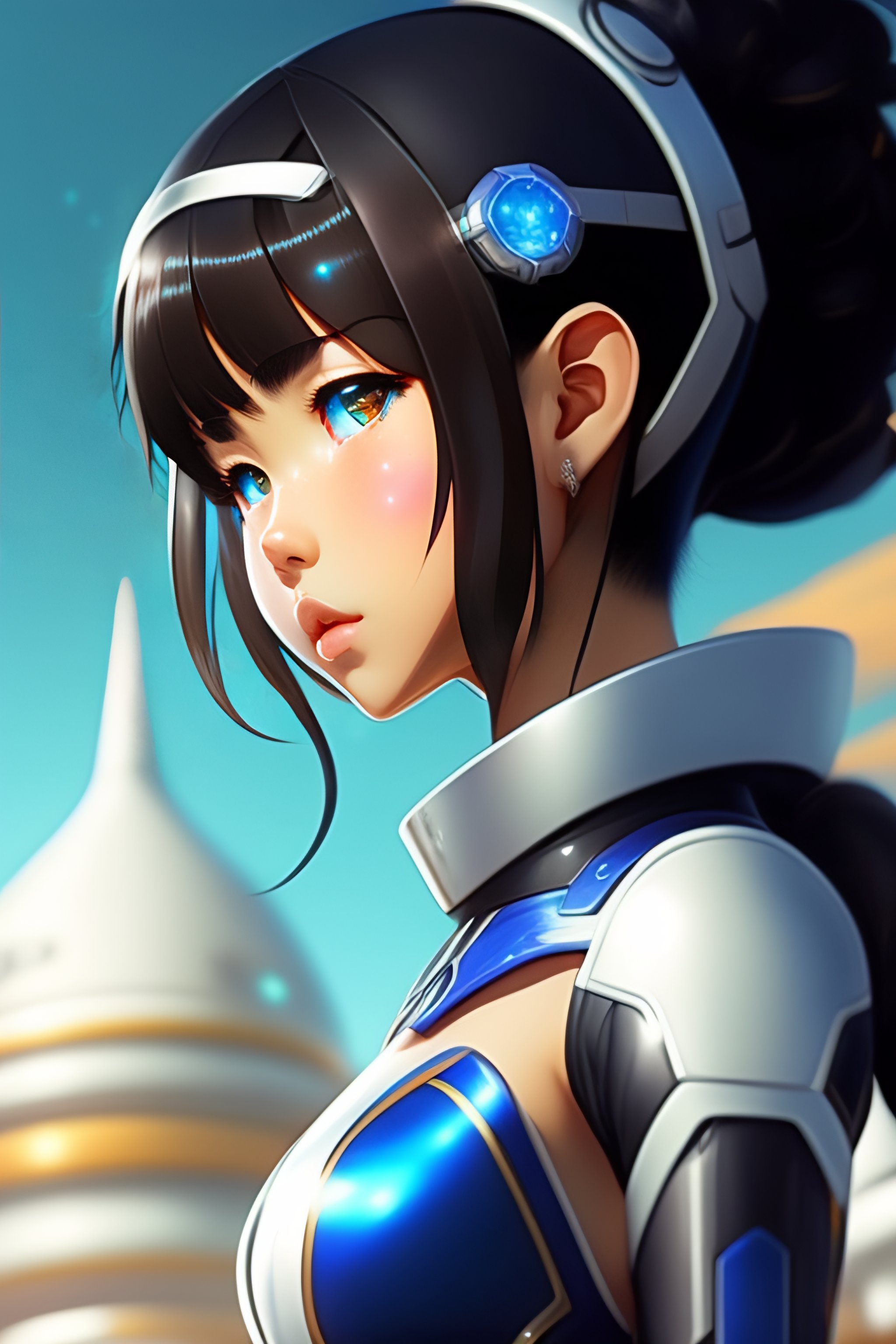 Lexica - Black and blue mecha, 11-year-old girl, elf ears, black hair ...