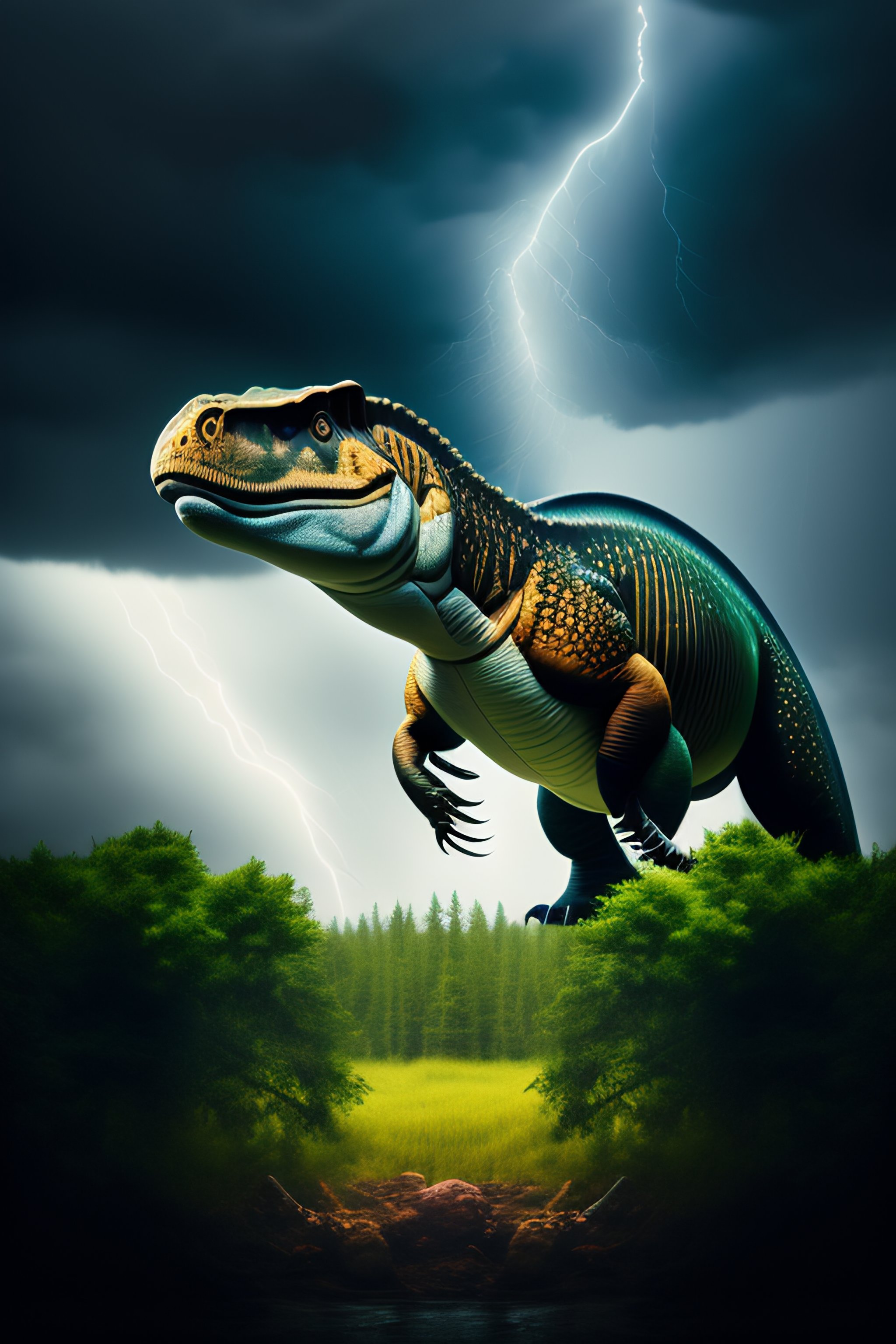 Lexica - T Rex in a primordial forest, stormy background, with lightning