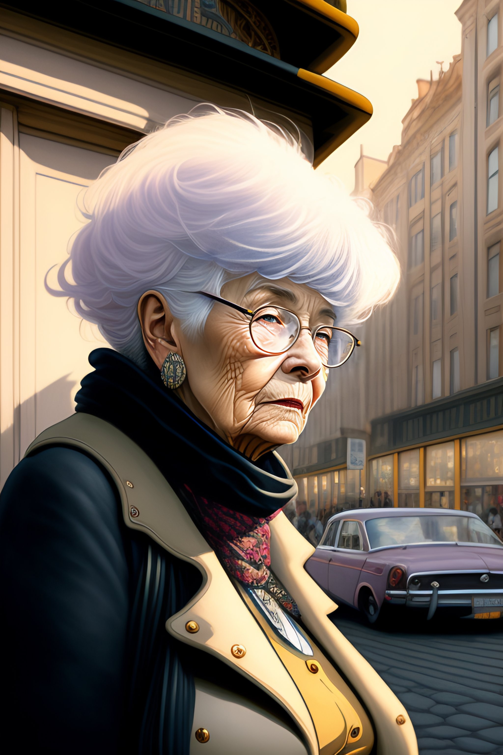 Lexica - Futurepunk old lady, daylight, low angle, street of punk city ...