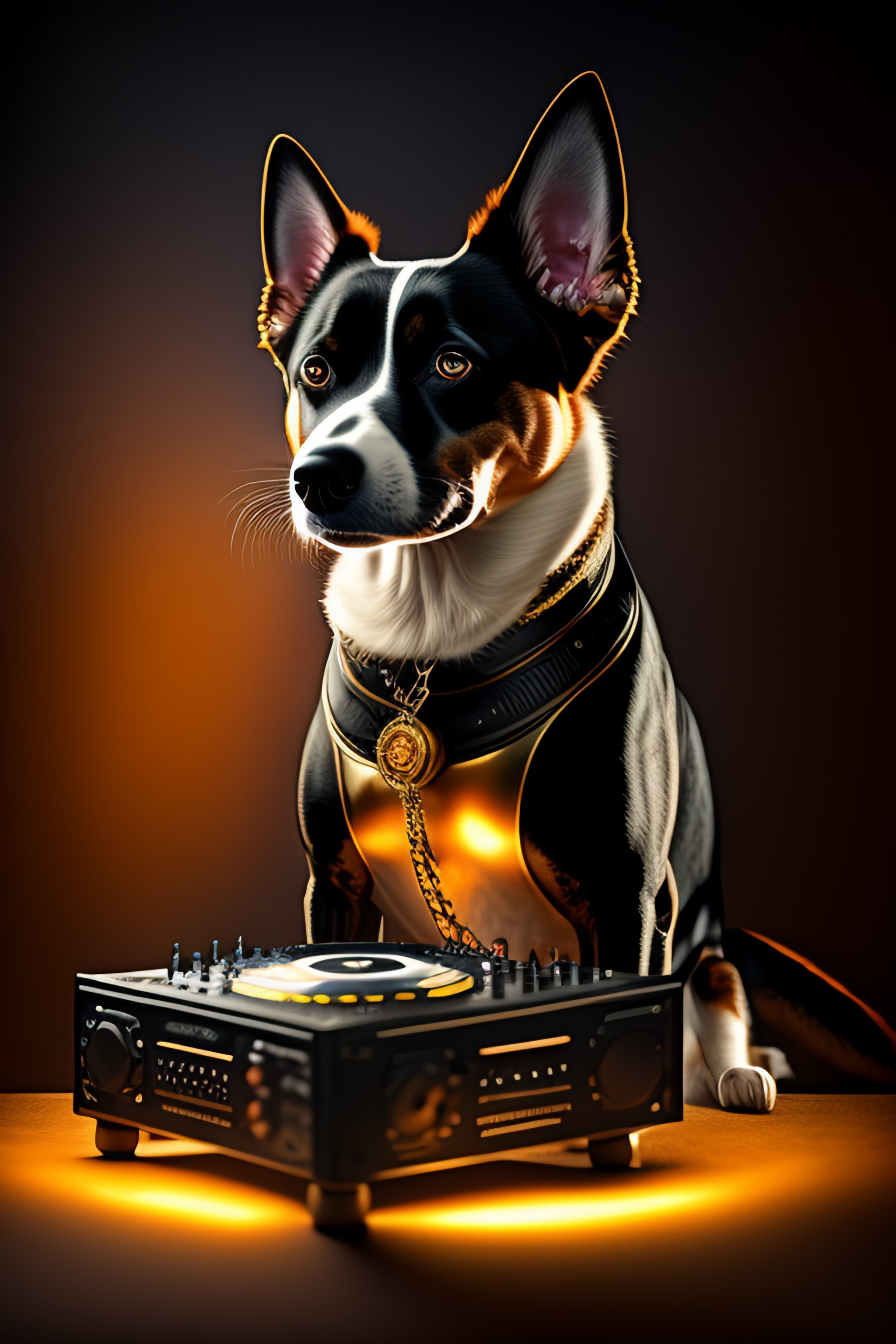 Lexica - Crazy DJ dog in dark background, steampunk