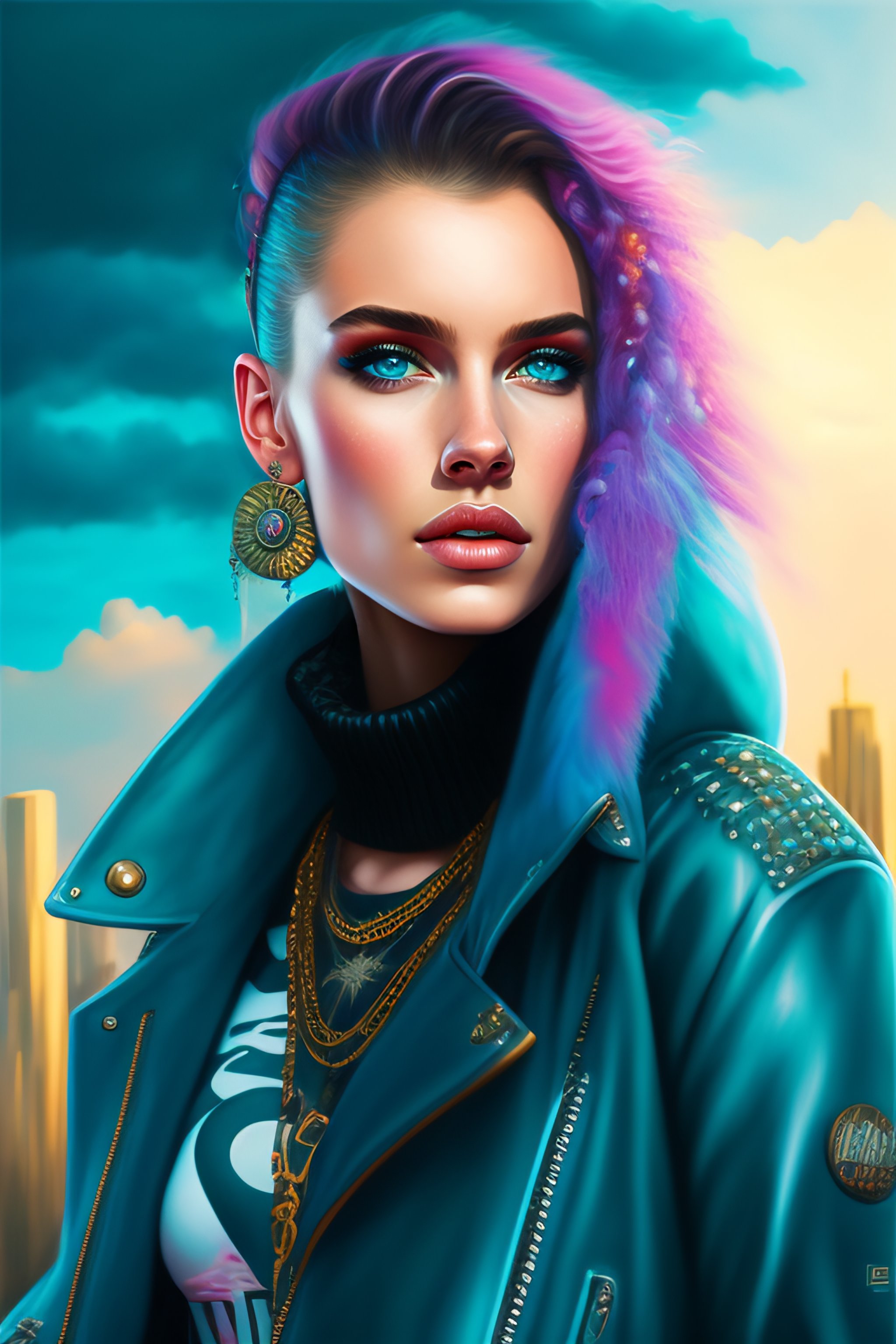 Lexica - Сute punk rock girl, mad max jacket, renaissance, turquoise ...