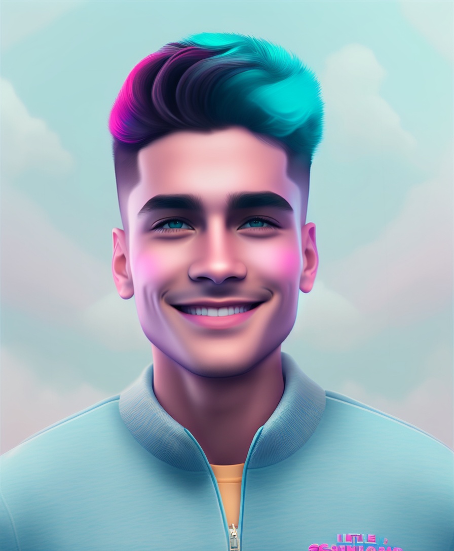 Lexica - 20 year boy, little smile, pink nad Cyan colour t-shirt, --ar 2:3