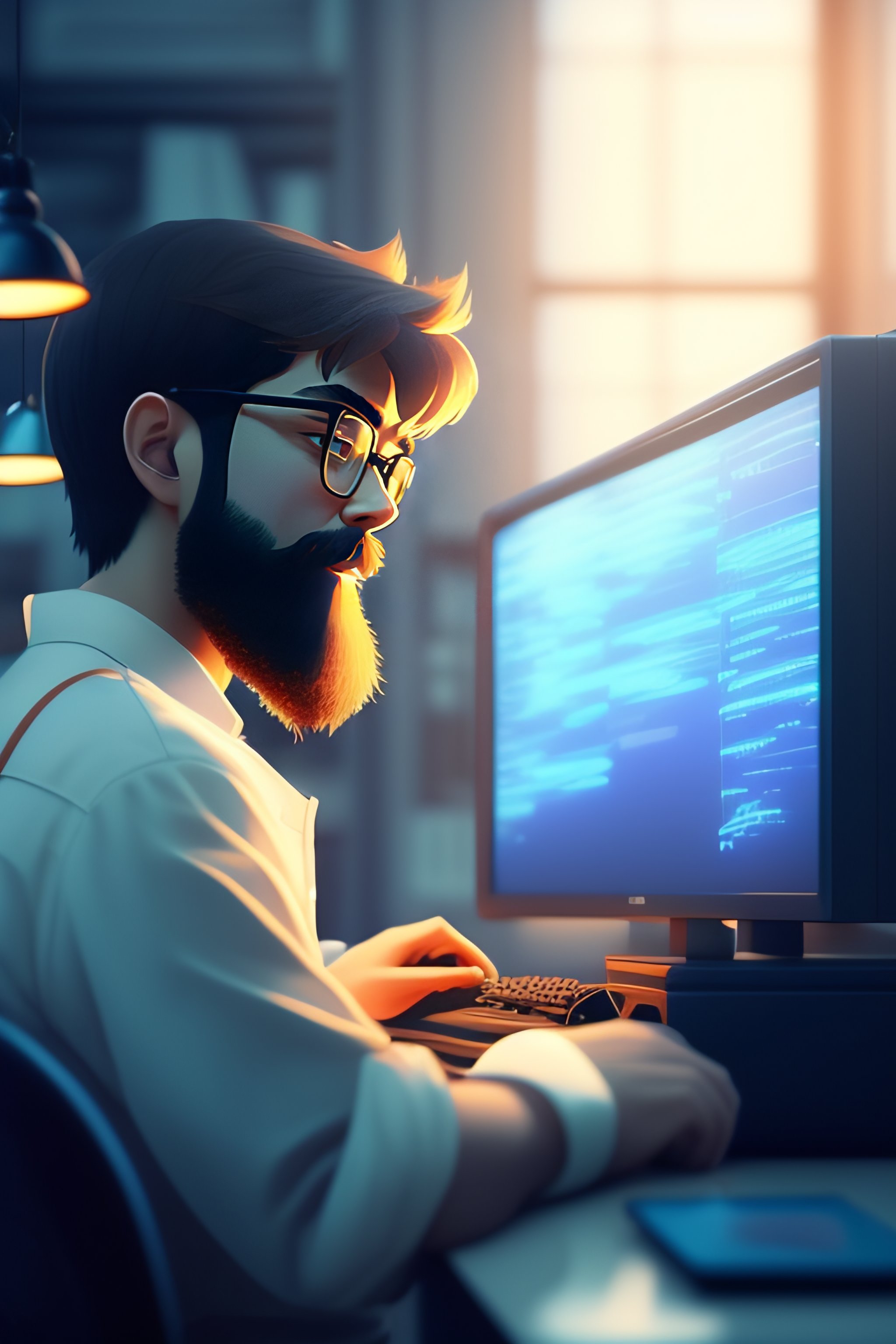 Lexica - A nerdy boy with beard is programming at a computer in a room ...
