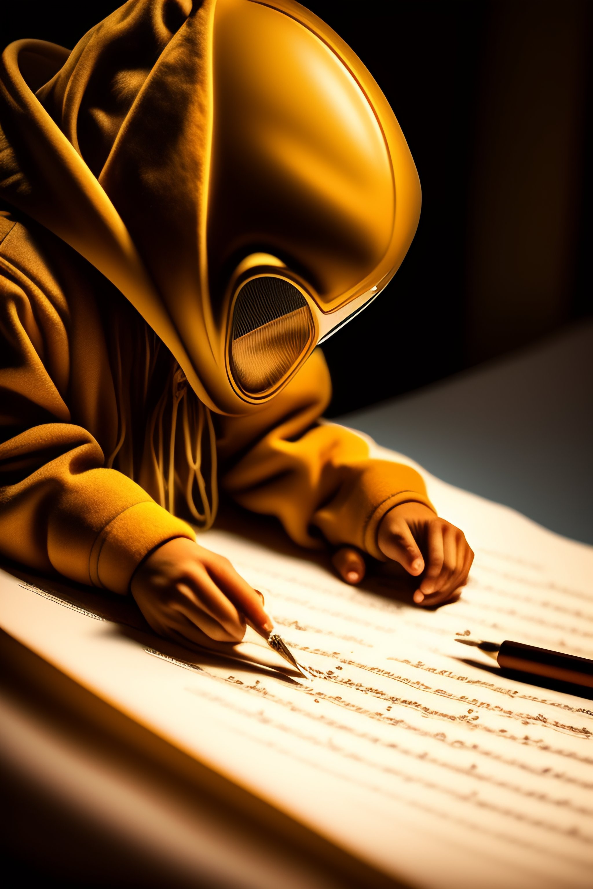 Lexica - A sad humanoid alien writing on a piece of parchment