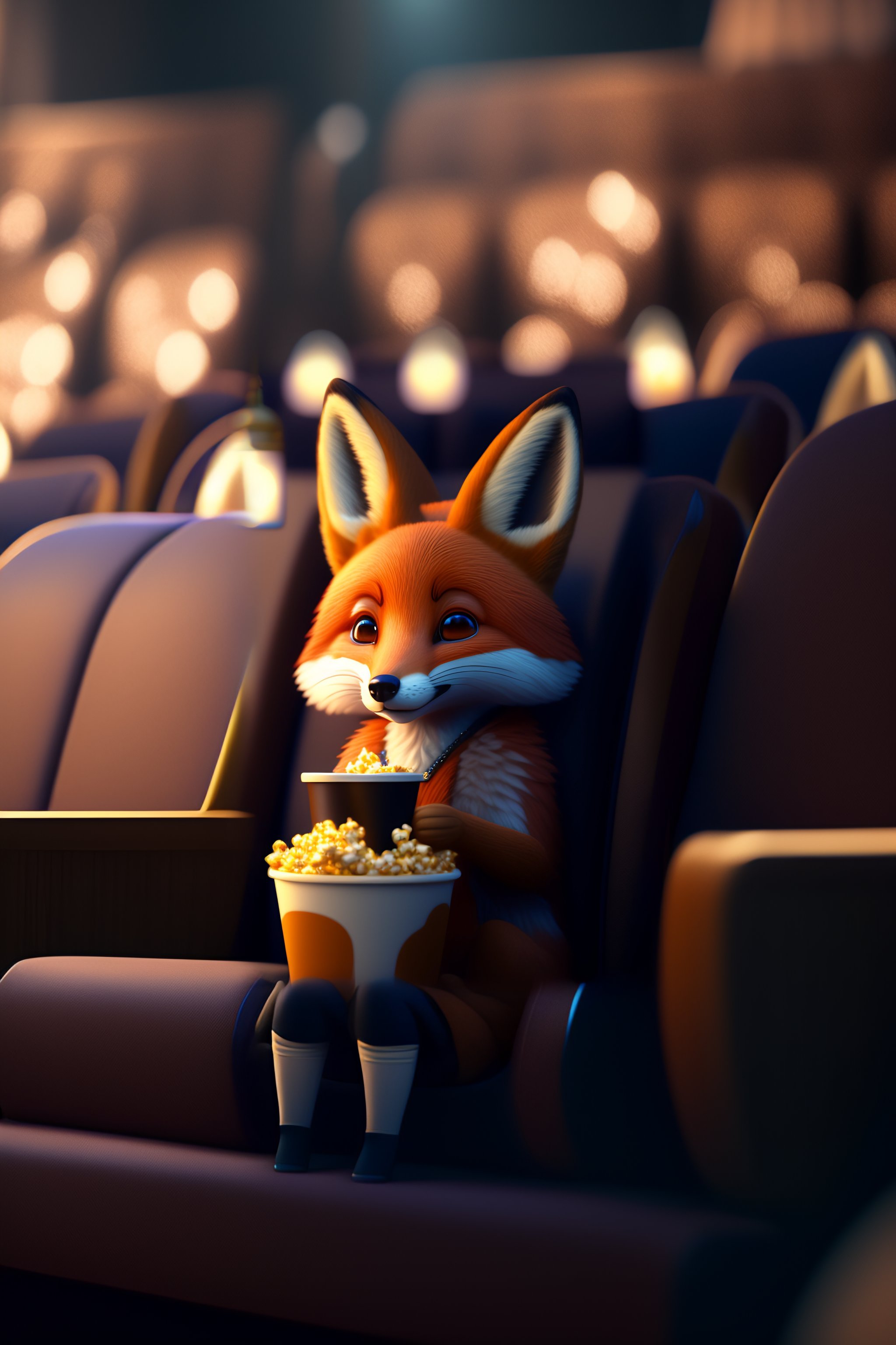 Lexica - Cute small humanoid Fox woman sitting in a movie theater ...