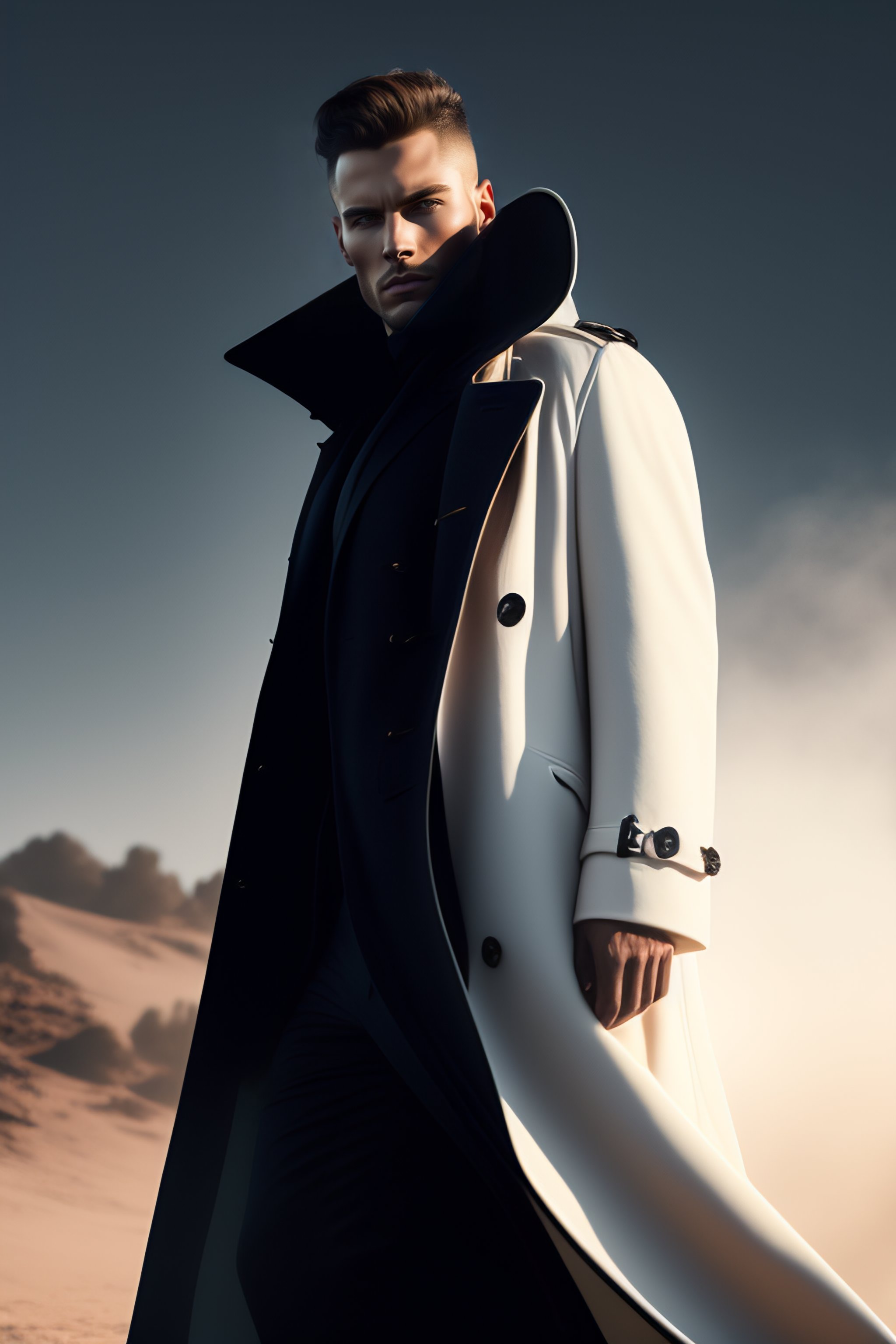 Lexica - A white faceless man wearing a black trench coat wielding two ...