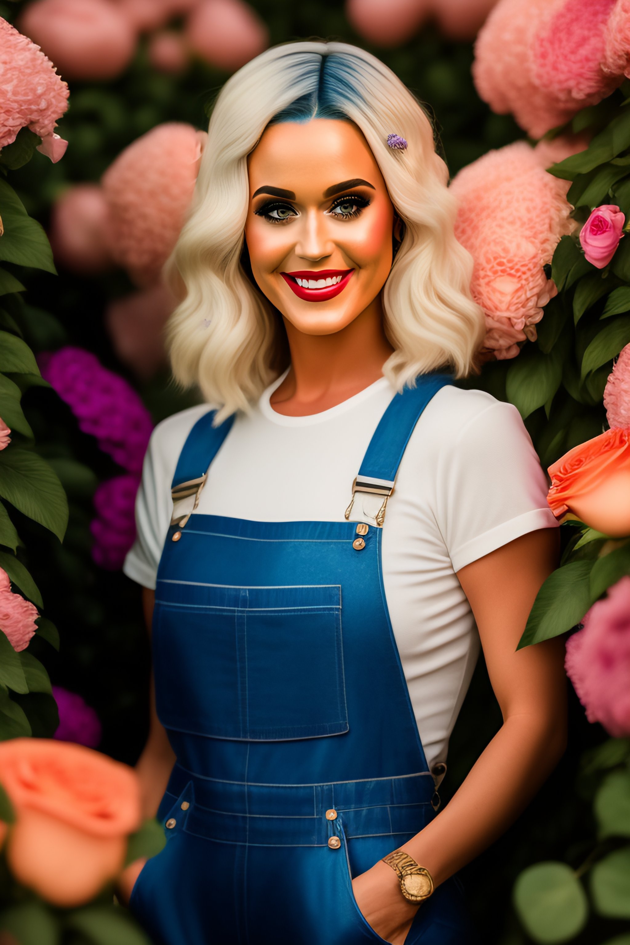 Lexica - Portrait of a katy perry gardener wearing overalls inside a ...