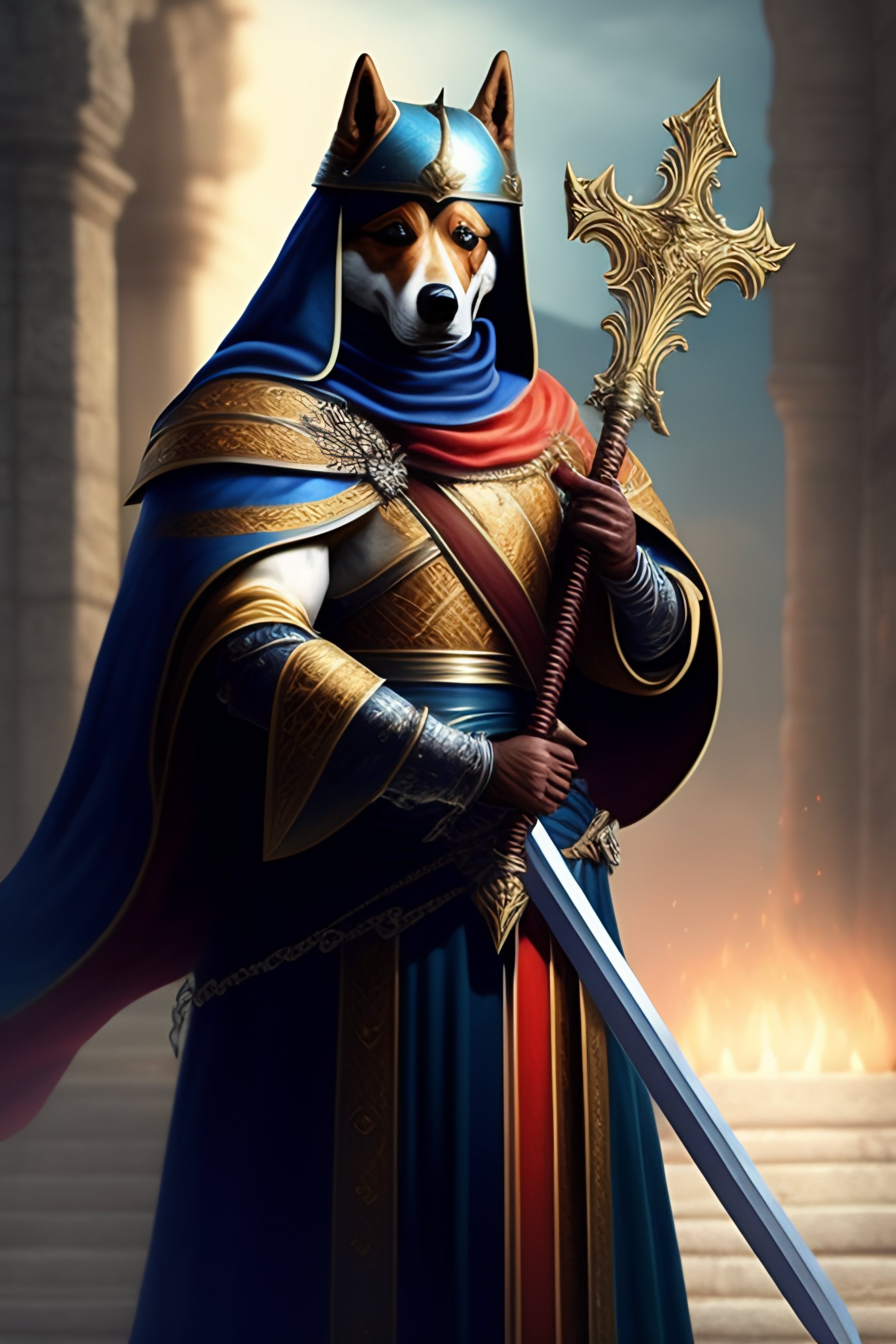 Lexica - A Doge Crusader holding a magic sword.