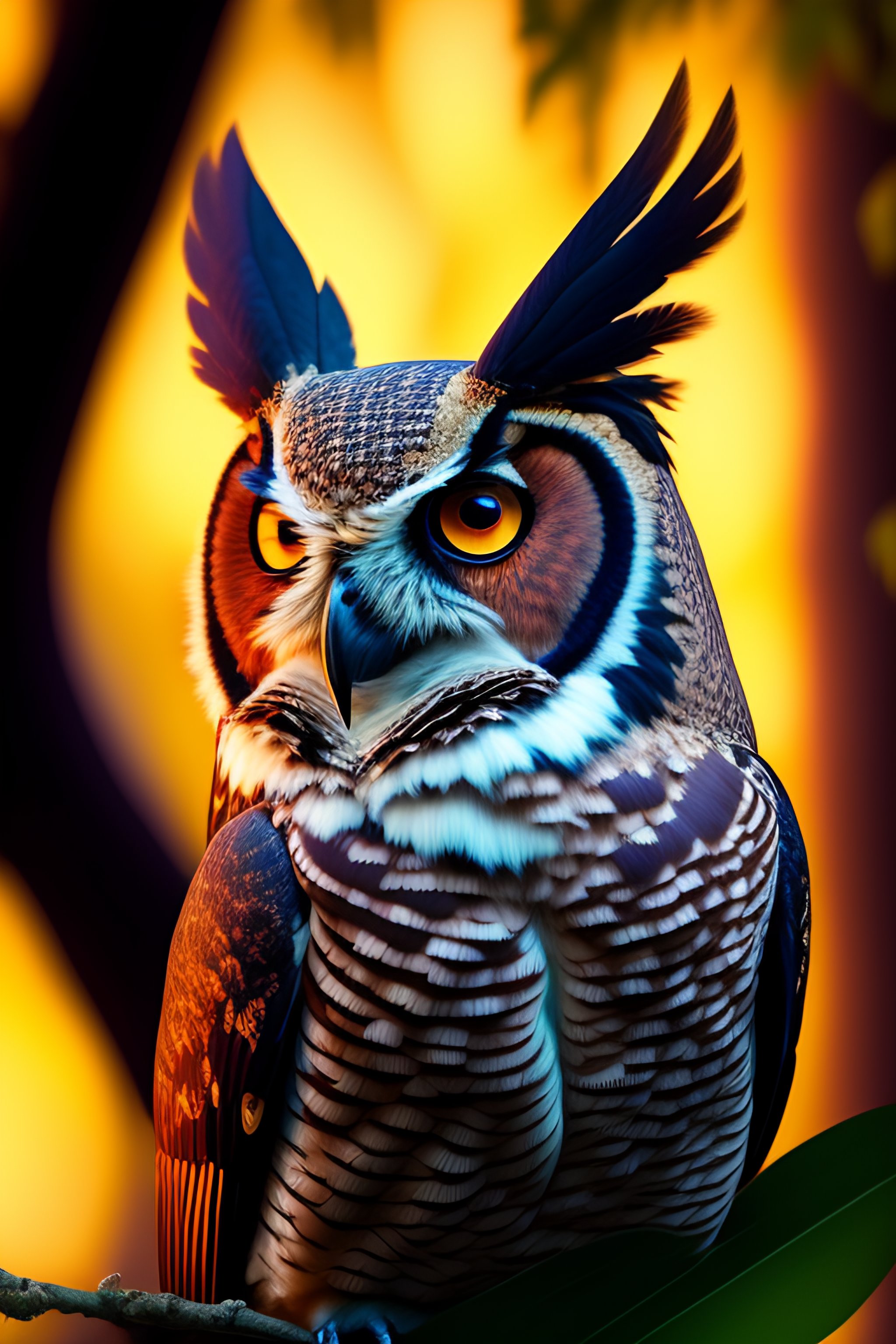 Lexica - Horned owl with a lychee-like skin, fierce eyes, nestled in a ...