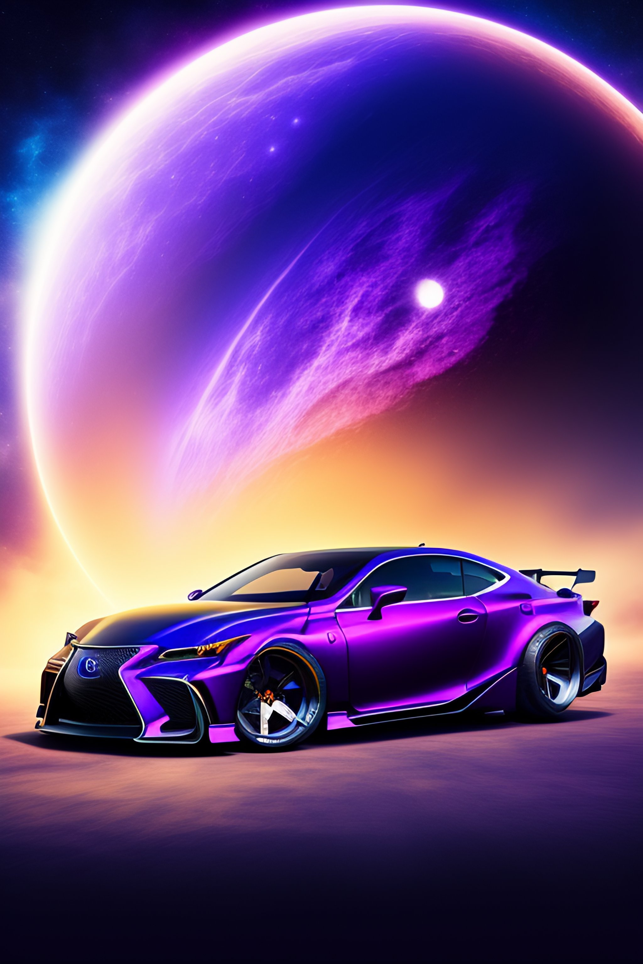 Lexica - Purple Lexus coupe fire in the background in space Huge Moon ...