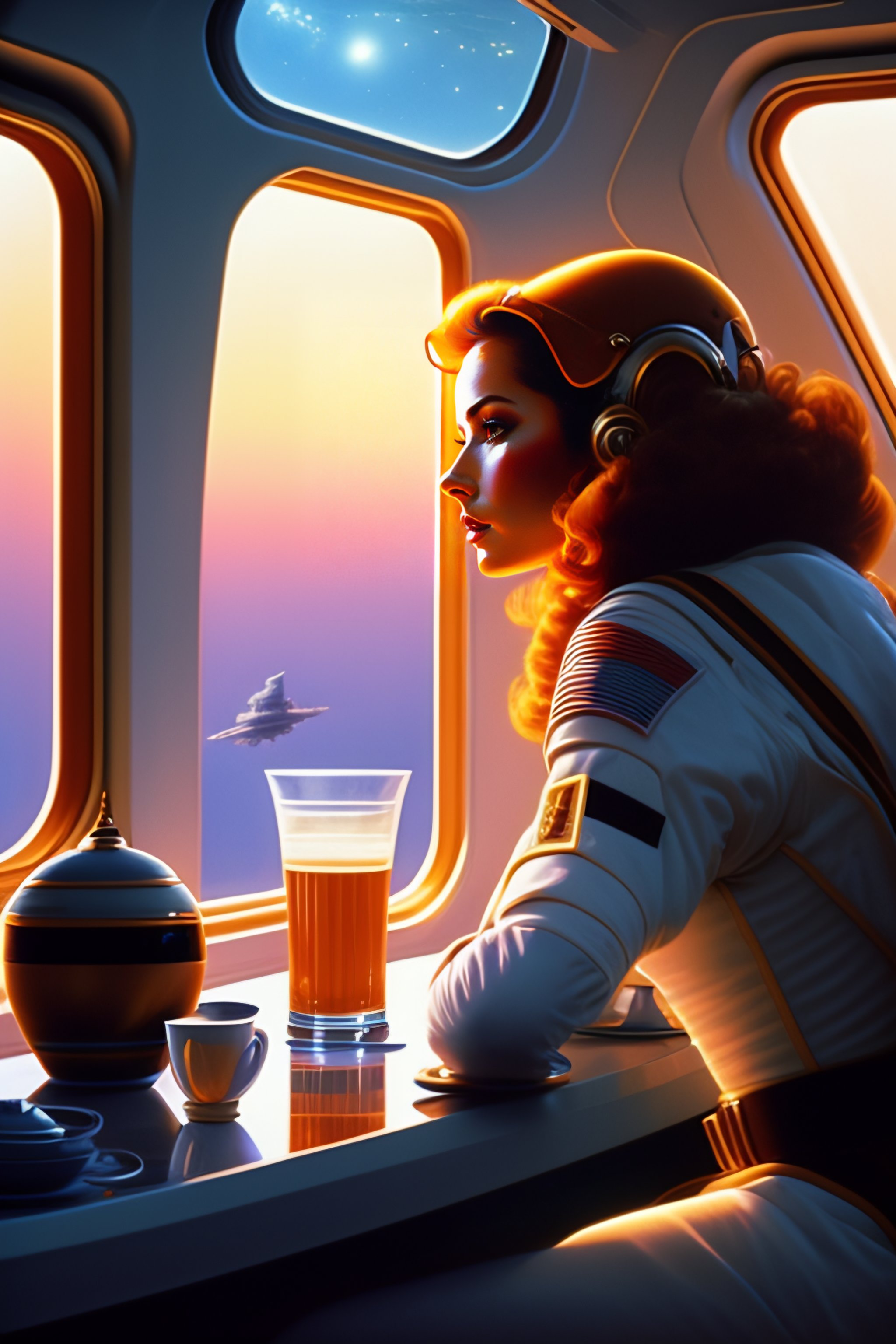 Lexica - "Starship captain having breakfast in space, large wide ...
