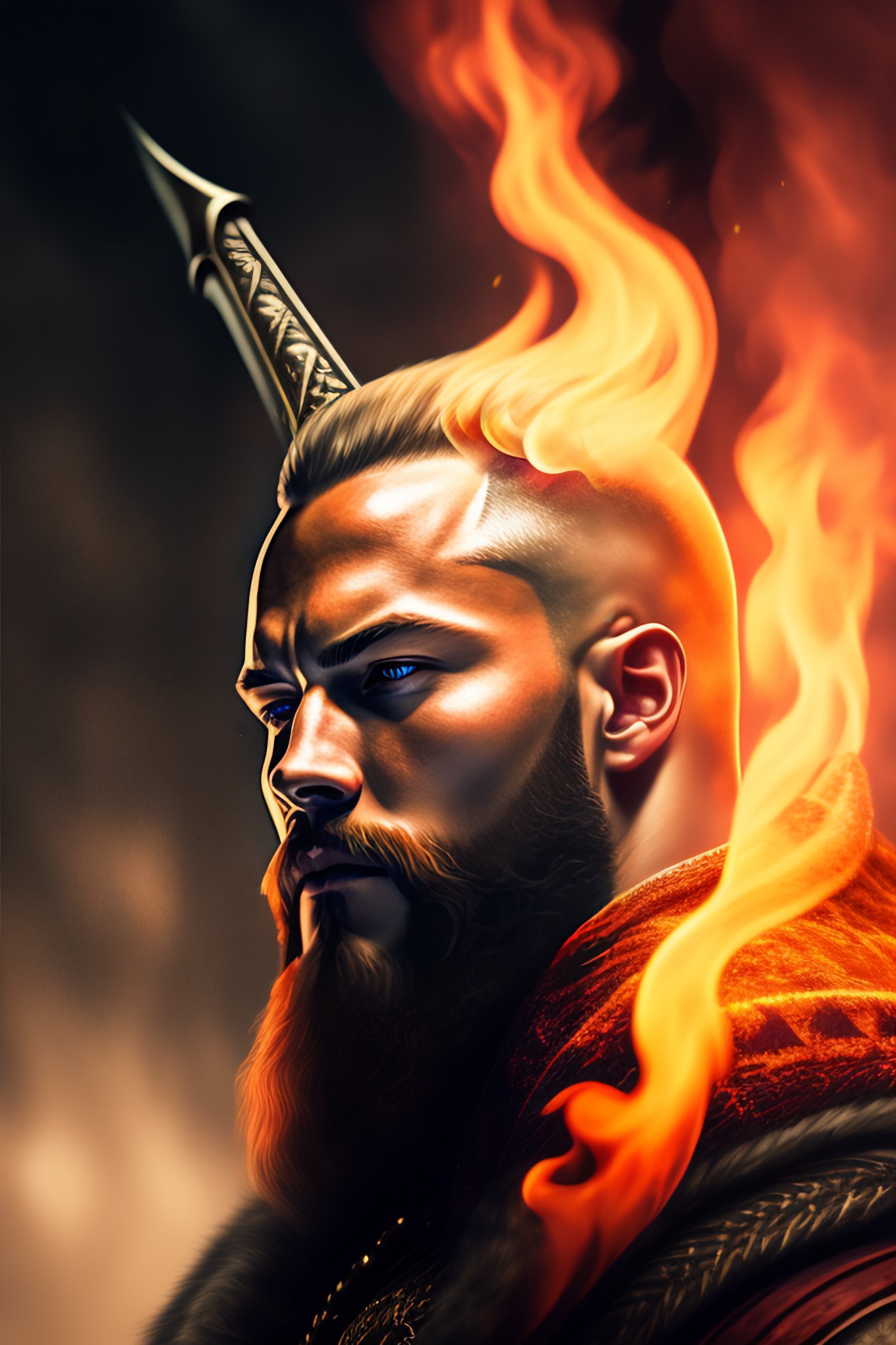 Lexica - Ragnar Lothbrok holding hammer in flames, realistic portrait ...