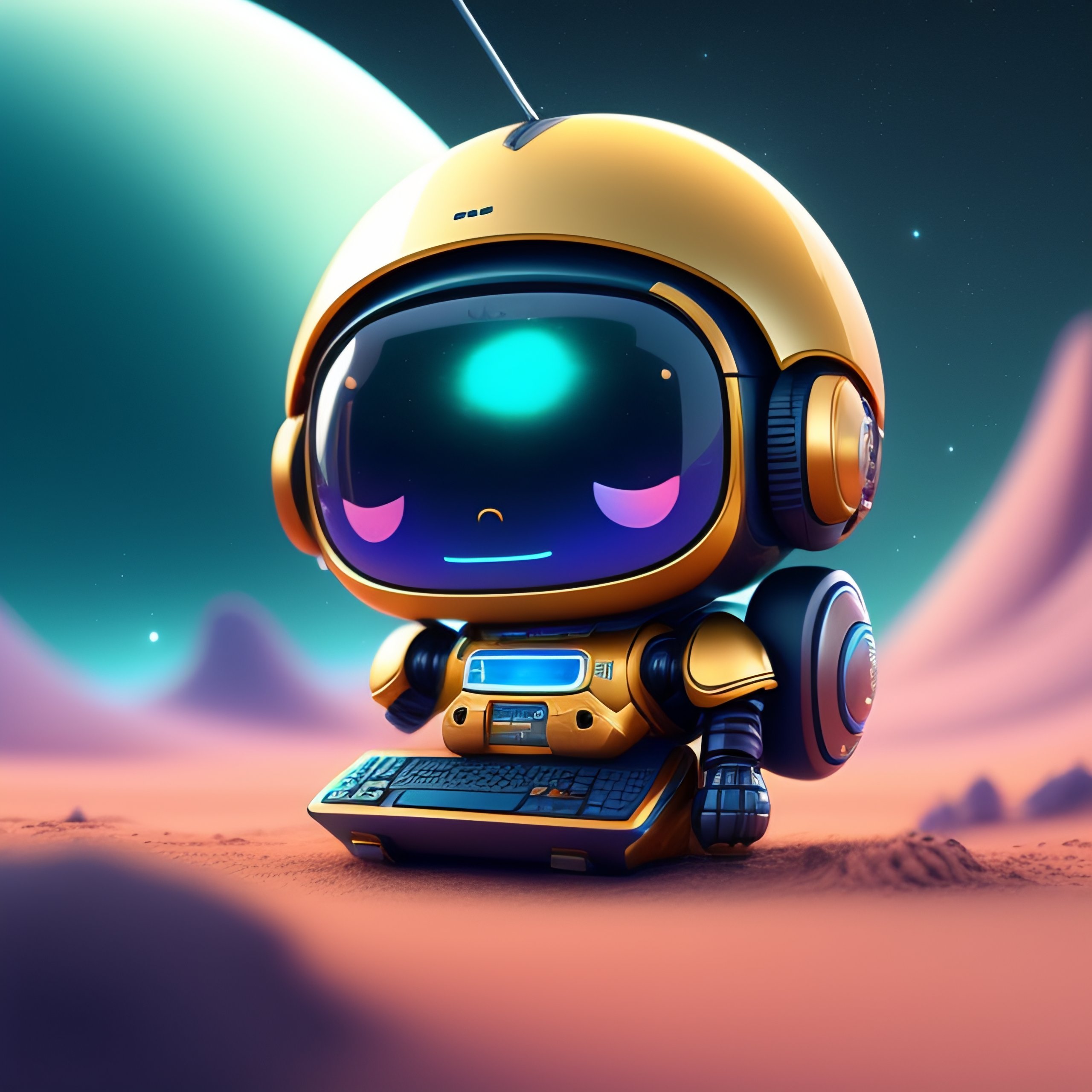 Lexica - A small hyper-cute chibi robot, working on his laptop computer ...