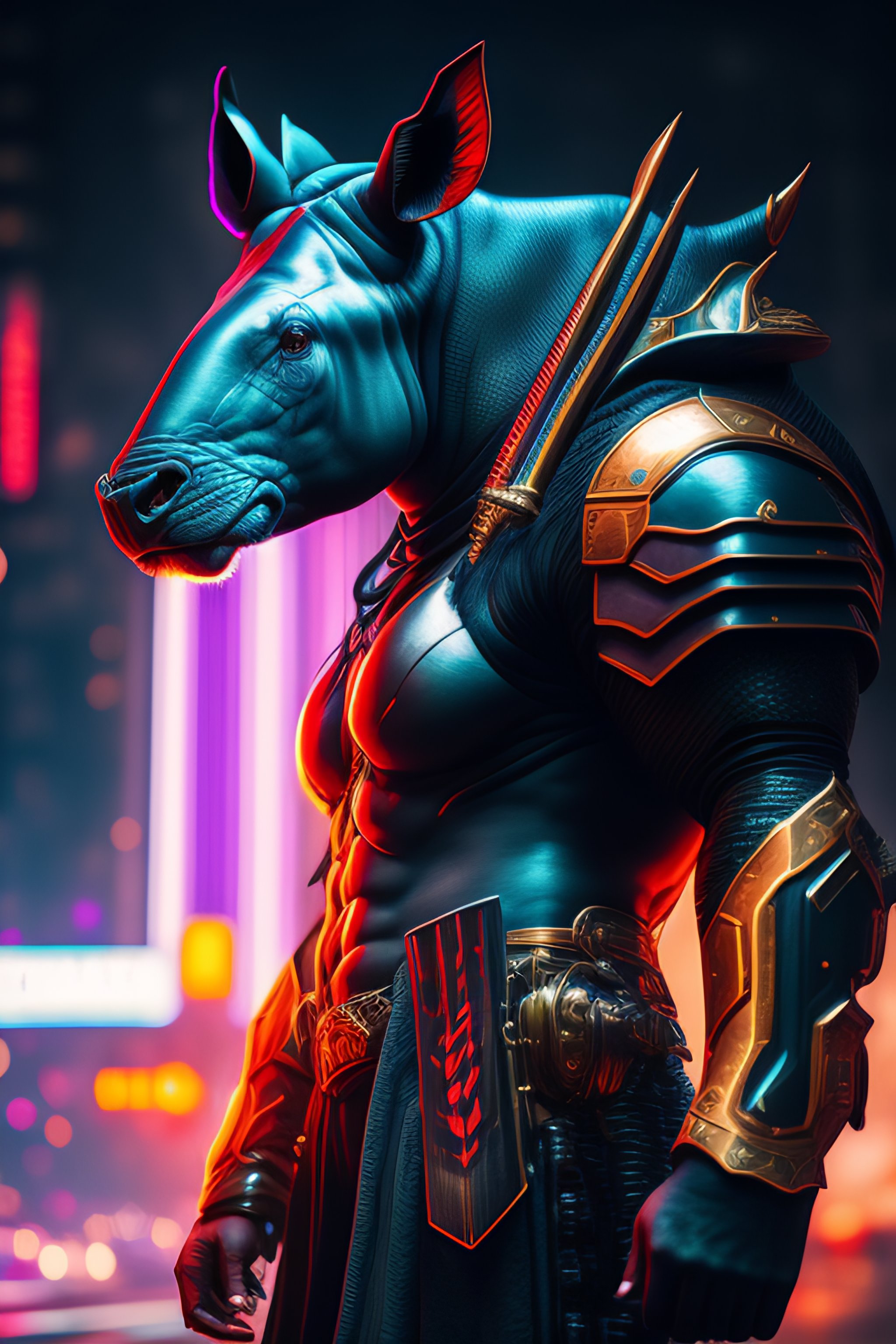 Lexica - Cyberpunk rhino, with a halberd in his hands wetlook, abstract ...