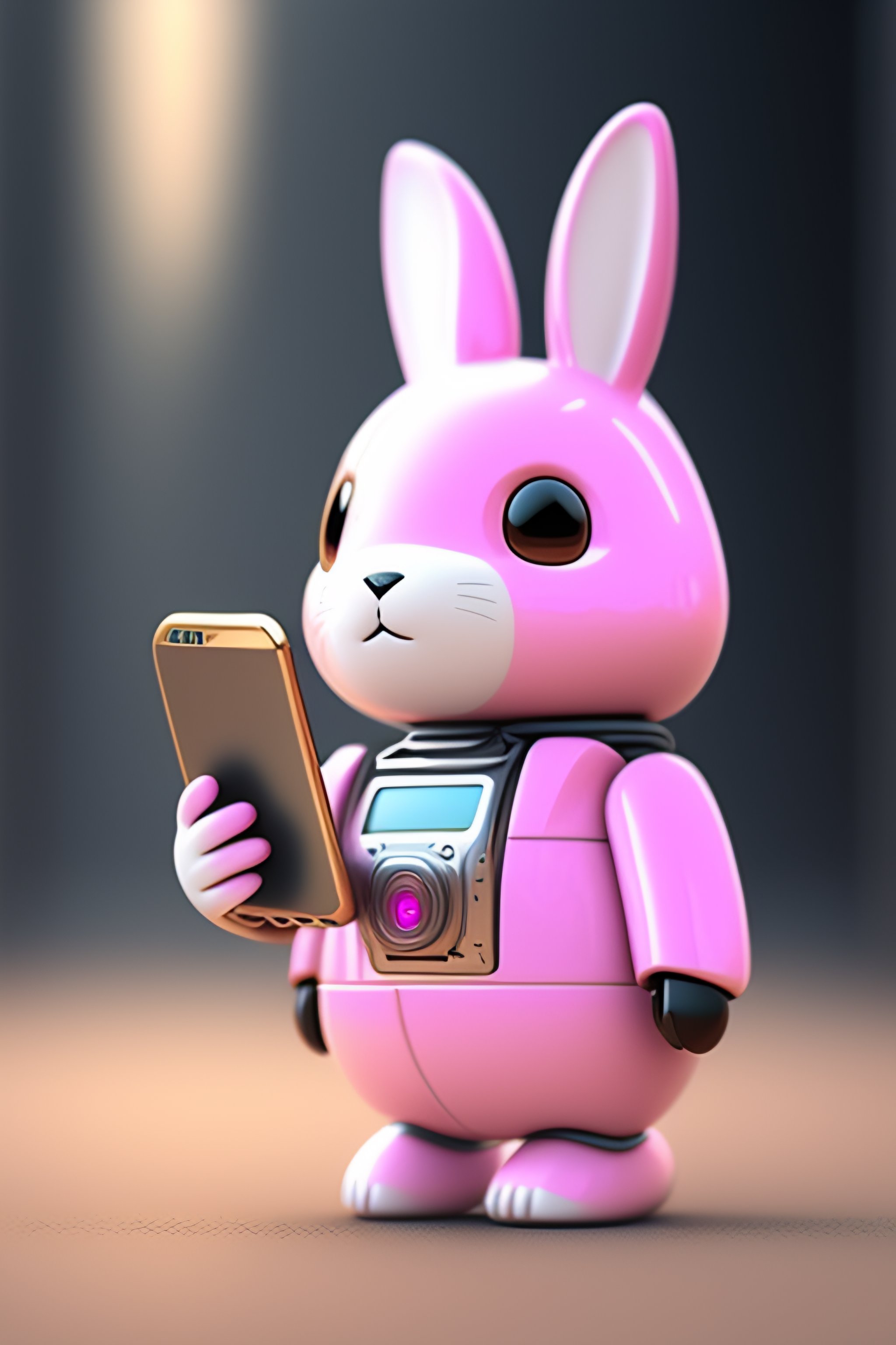 Lexica - Soft Pink Bunny robot working on a smartphone
