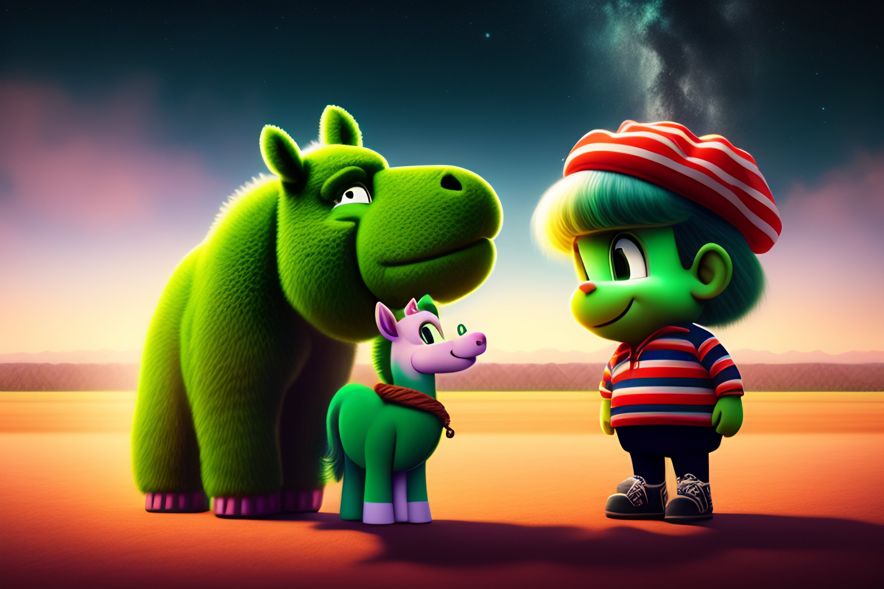 Lexica - Big green monster with american cap dancing with little poney