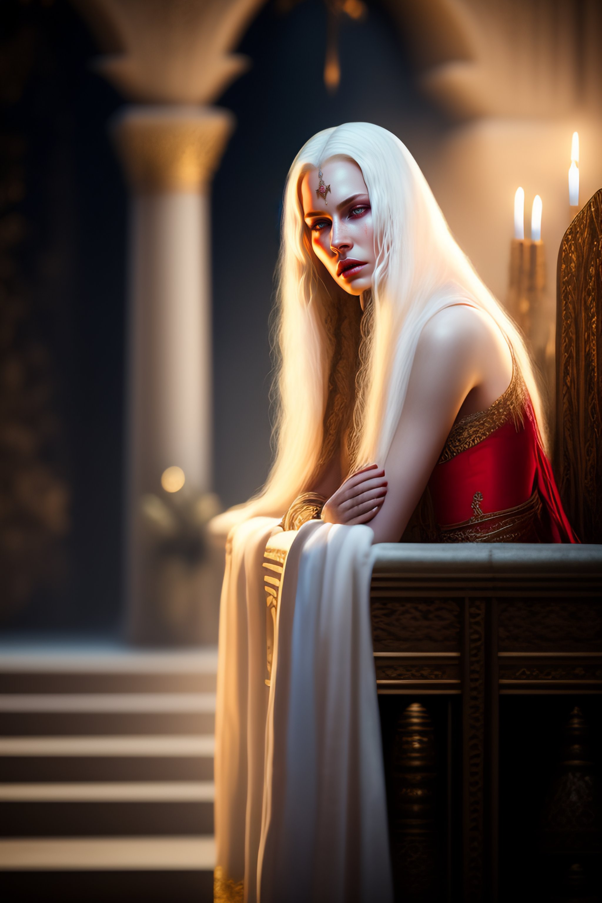 Lexica - Sad looking albino vampire female in a temple sitting on ...